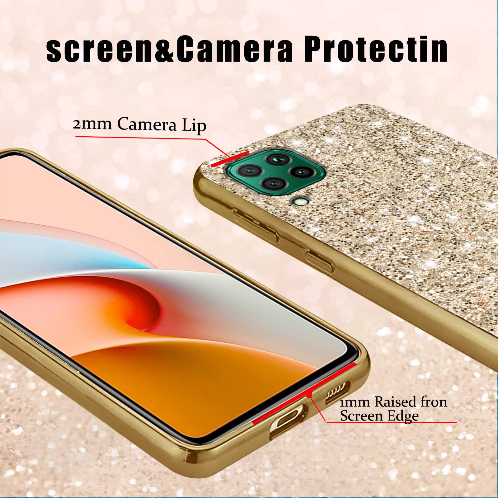 Compatible with Huawei P40 Lite Case Glitter Shockproof,Huawei P40 Lite Phone Case Bling Sparkly Soft TPU and PC Silicone Shiny Girl Women Thin Protective Cover (Gold)