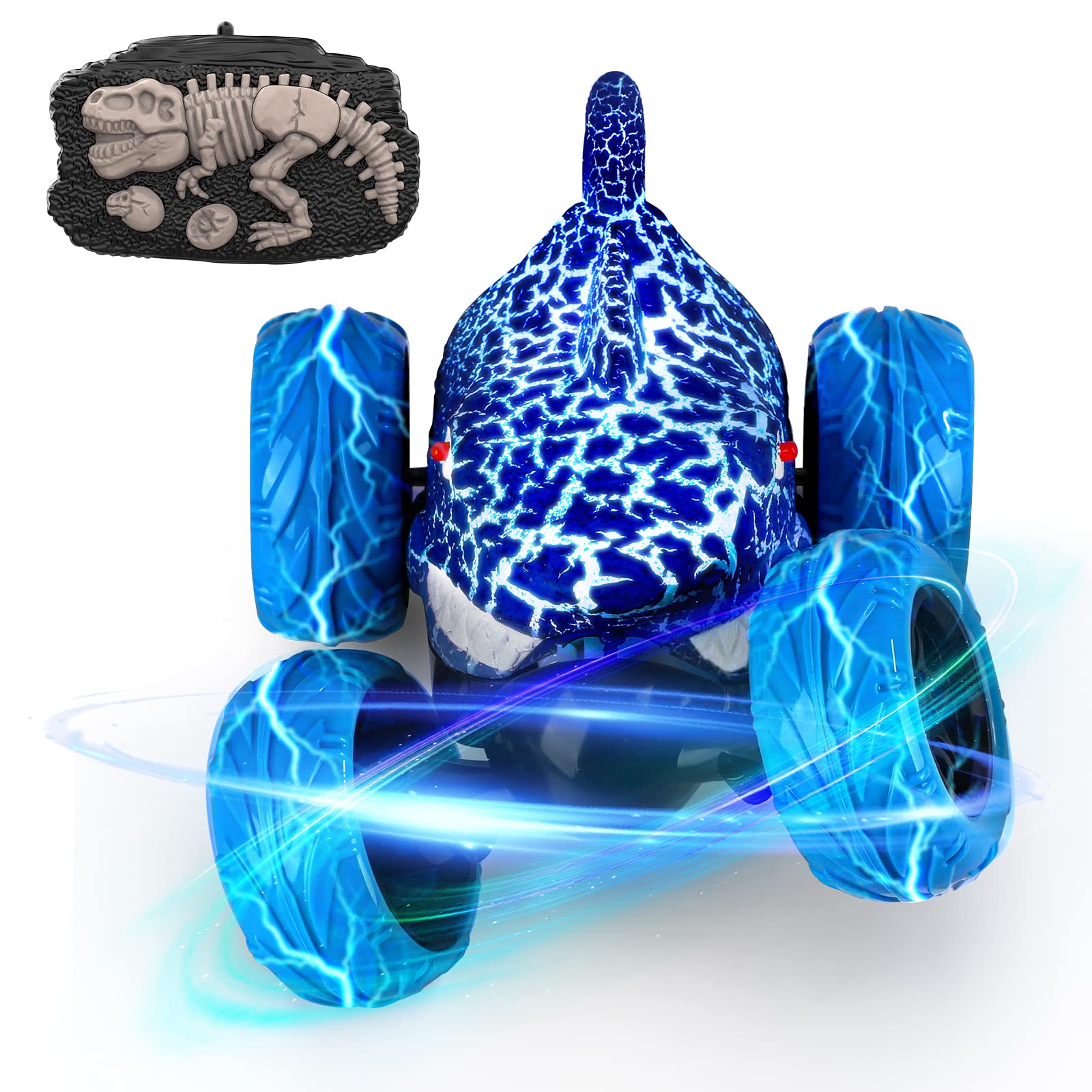 Dywalfri Remote Control Car, Dinosaur Toys RC Stunt Car 360°Rolling with LED Headlights, Rechargeable RC Car Dinosaur Toys Gifts for 4 5 6 7 8-12 Year Old Boys Girls Kids (Sharkosaurus )