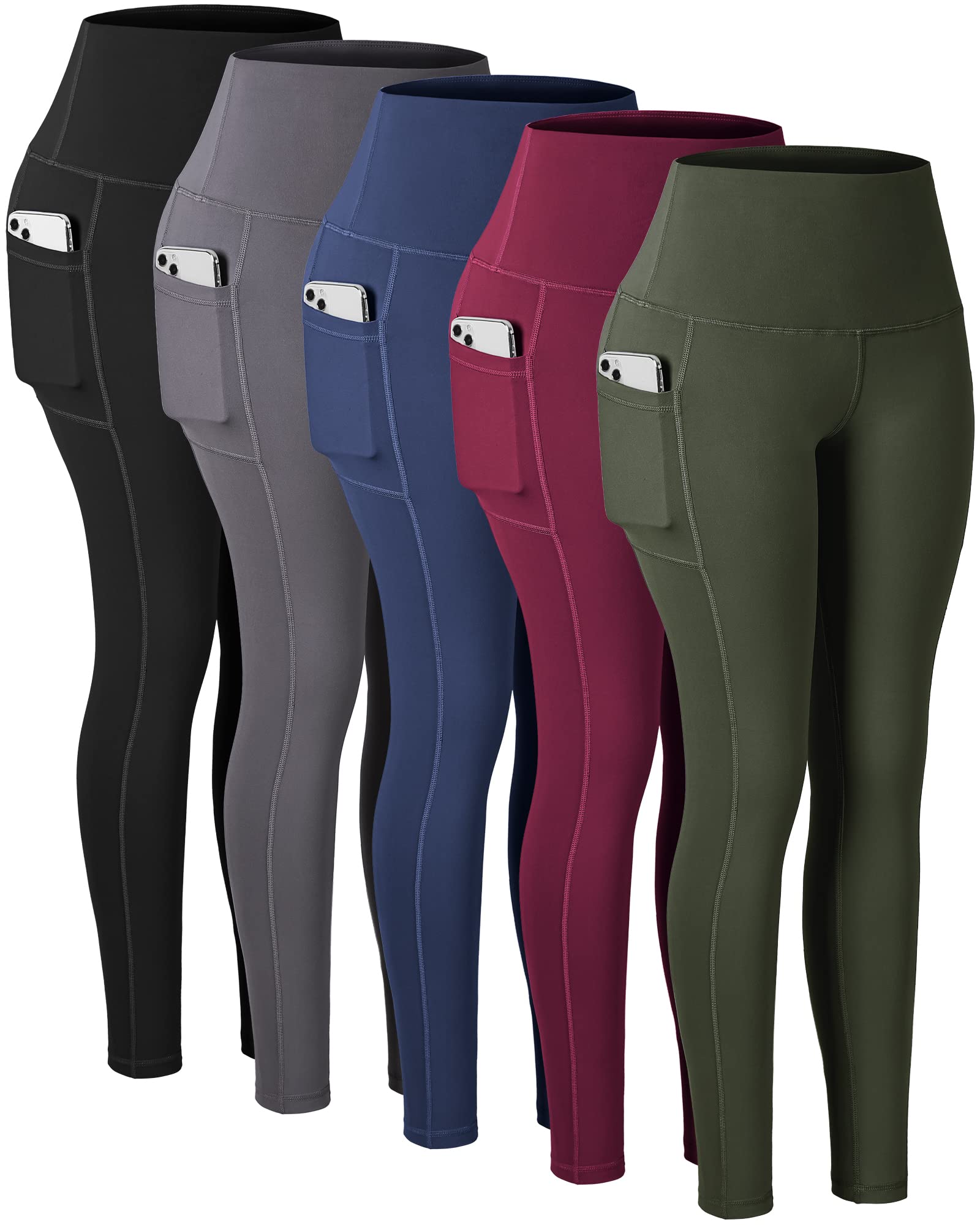 CHRLEISURE Leggings with Pockets for Women, High Waisted Tummy Control Workout Yoga Pants(5 Packs Black,Gray,Navy,Wine,JLGreen, 3XL)