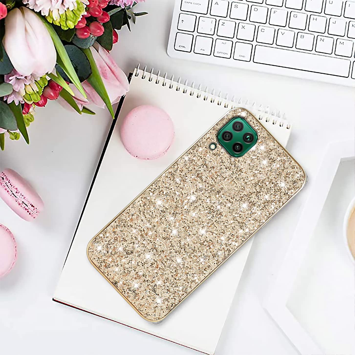 Compatible with Huawei P40 Lite Case Glitter Shockproof,Huawei P40 Lite Phone Case Bling Sparkly Soft TPU and PC Silicone Shiny Girl Women Thin Protective Cover (Gold)