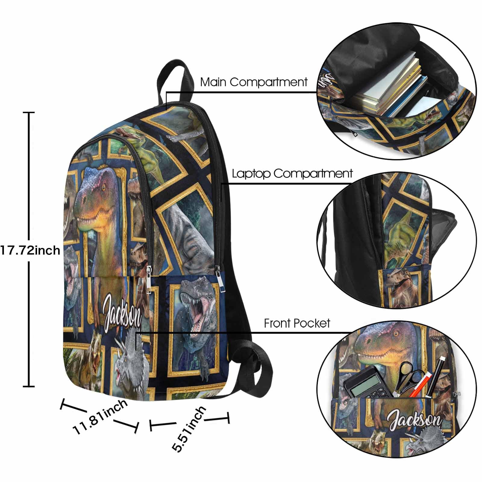 MyPhotoPrint Customized Bag Dinosaur Waterproof Bookbag Shoulder Backpack Travel Size