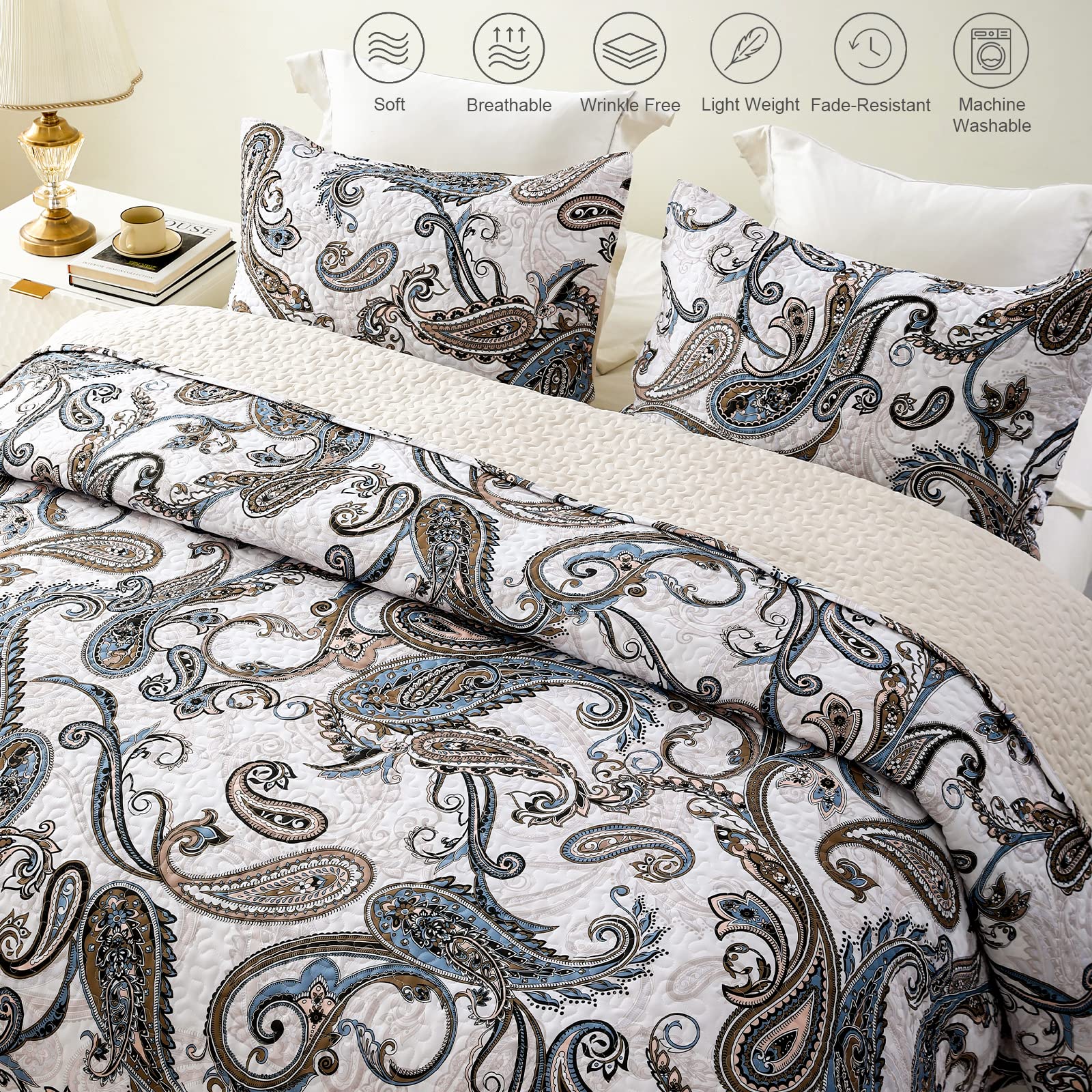 Whale Flotilla Reversible Paisley Quilts King Size, Lightweight Boho Printed Bedspreads Coverlets Quilt Bedding Set with 2 Pillow Shams for All Seasons, Bone/Grey