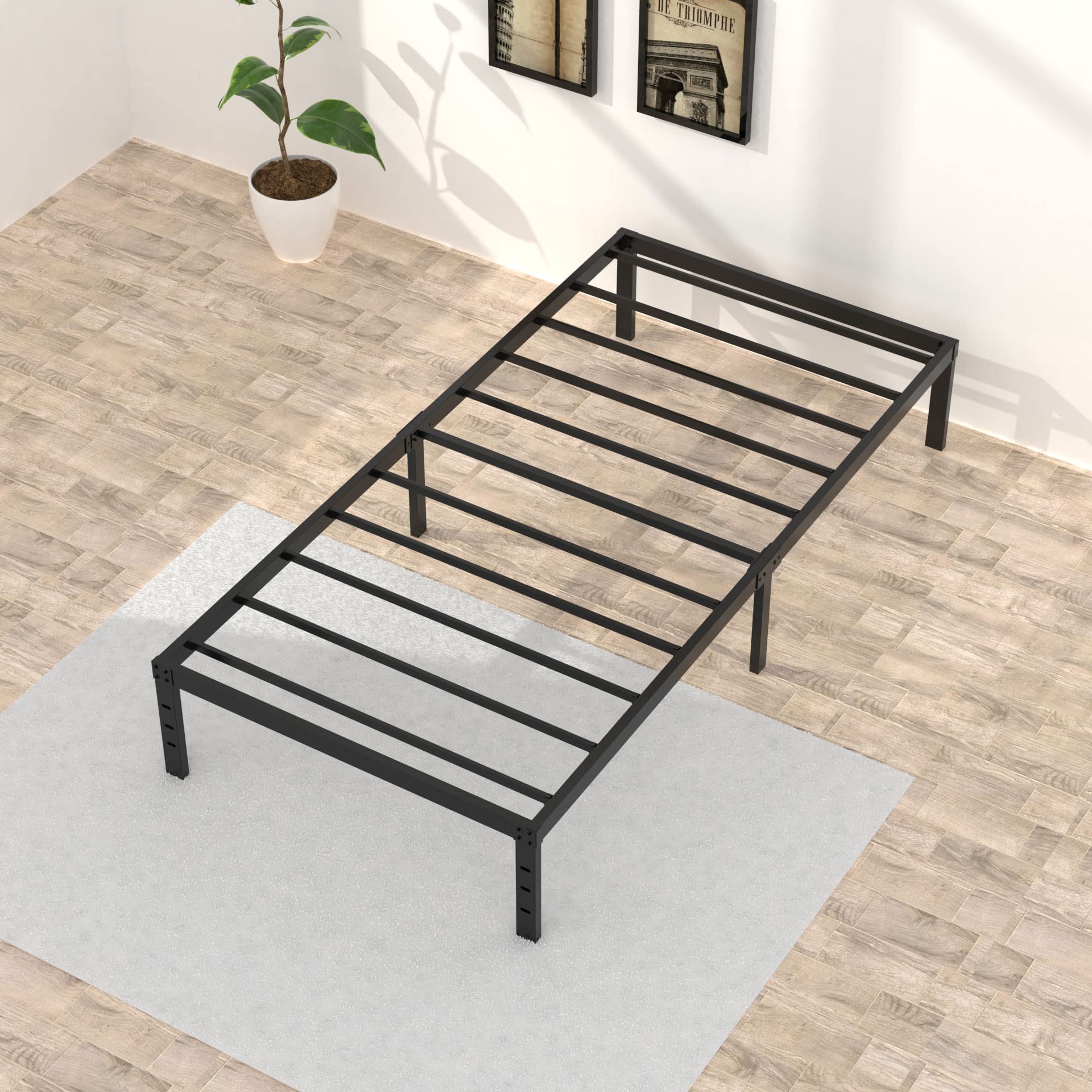 Upcanso Twin Bed Frame No Box Spring Needed, 14 Inch Heavy Duty Metal Platform Bed Frame Twin Size with Storage, 2500lbs Steel Slats Support, Easy Assembly, Black
