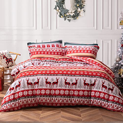 MILDLY Christmas Duvet Cover Set - 100% Brushed Microfiber Snowflake Reindeer Printed Winter Theme Comforter Cover Set