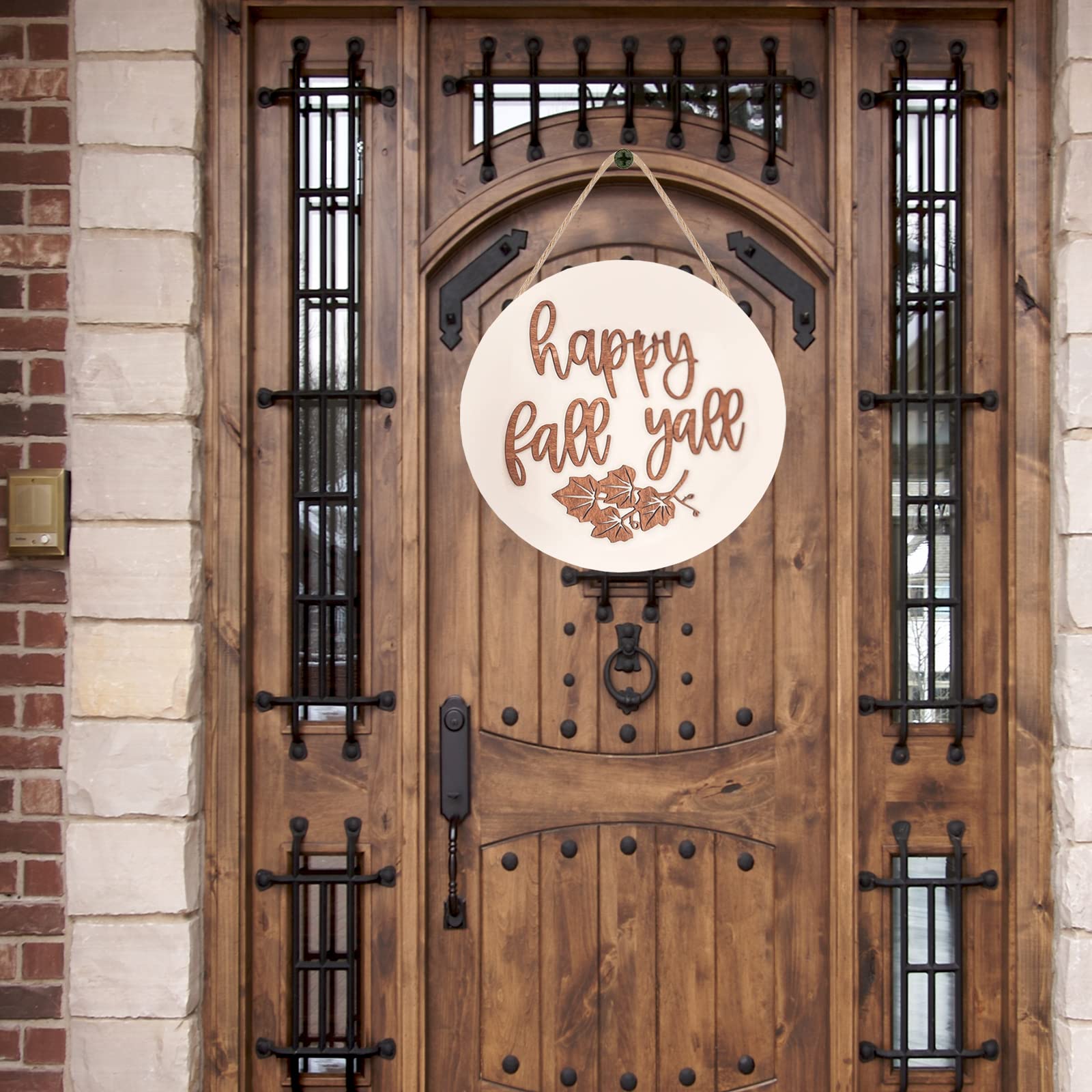 Hello Fall Wood Sign Thanksgiving Decorations Happy Fall Yall Welcome Sign for Front Door Round Wood Sign Hanging Welcome Sign for Farmhouse Porch Rustic Home Sign Decorations (Maple Leaf)