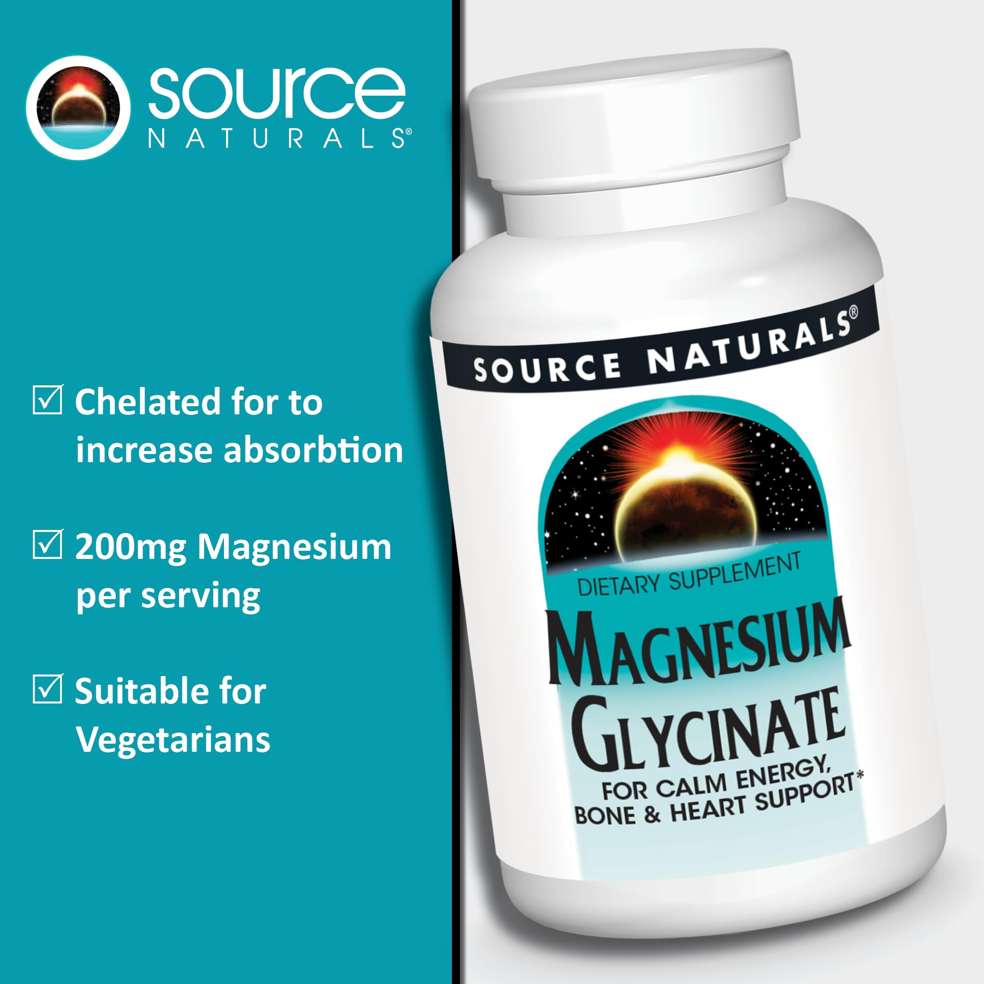 Source Naturals Magnesium Glycinate, for Calm Energy, Bone & Heart Support*, 200 mg per Serving - 120 Tablets