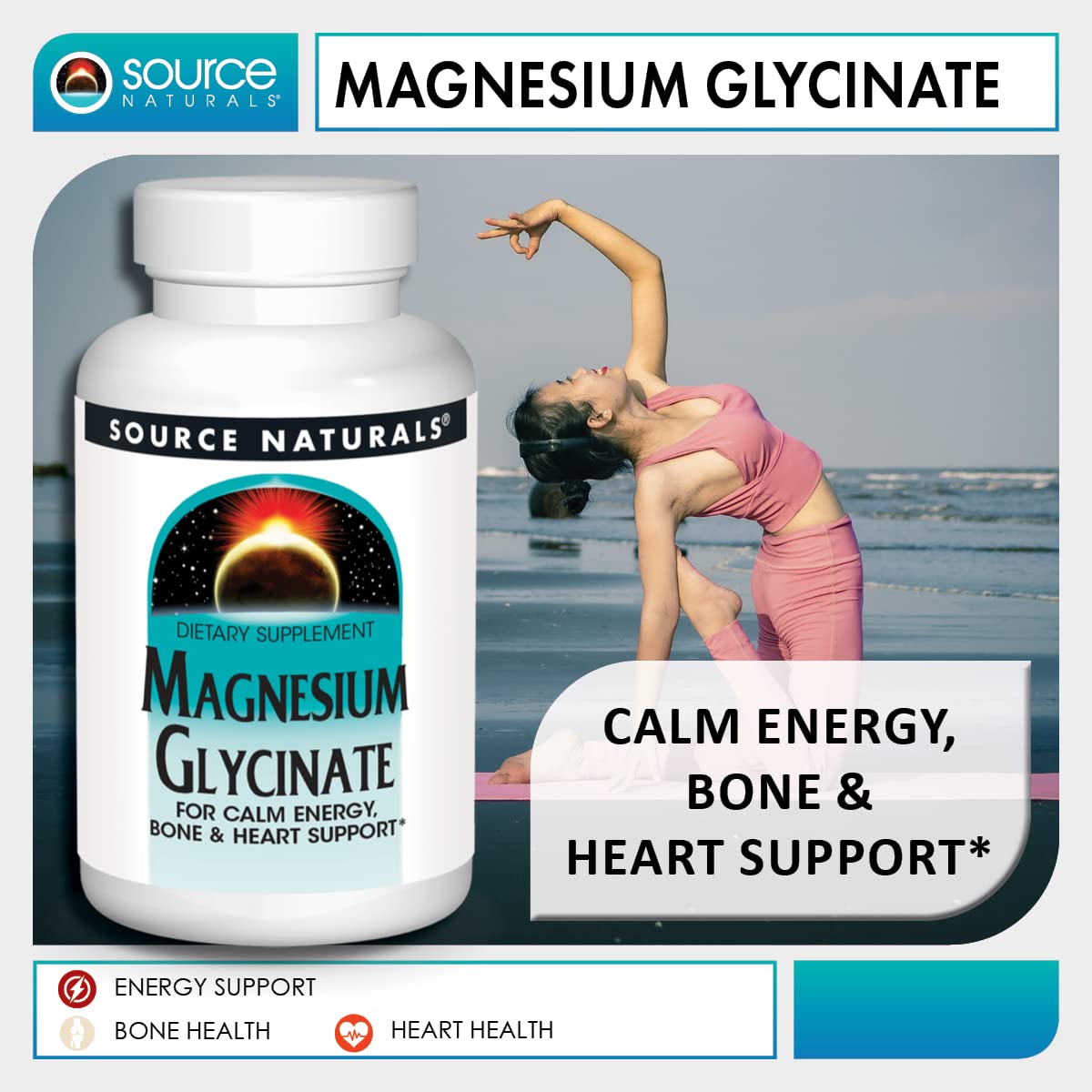 Source Naturals Magnesium Glycinate, for Calm Energy, Bone & Heart Support*, 200 mg per Serving - 120 Tablets