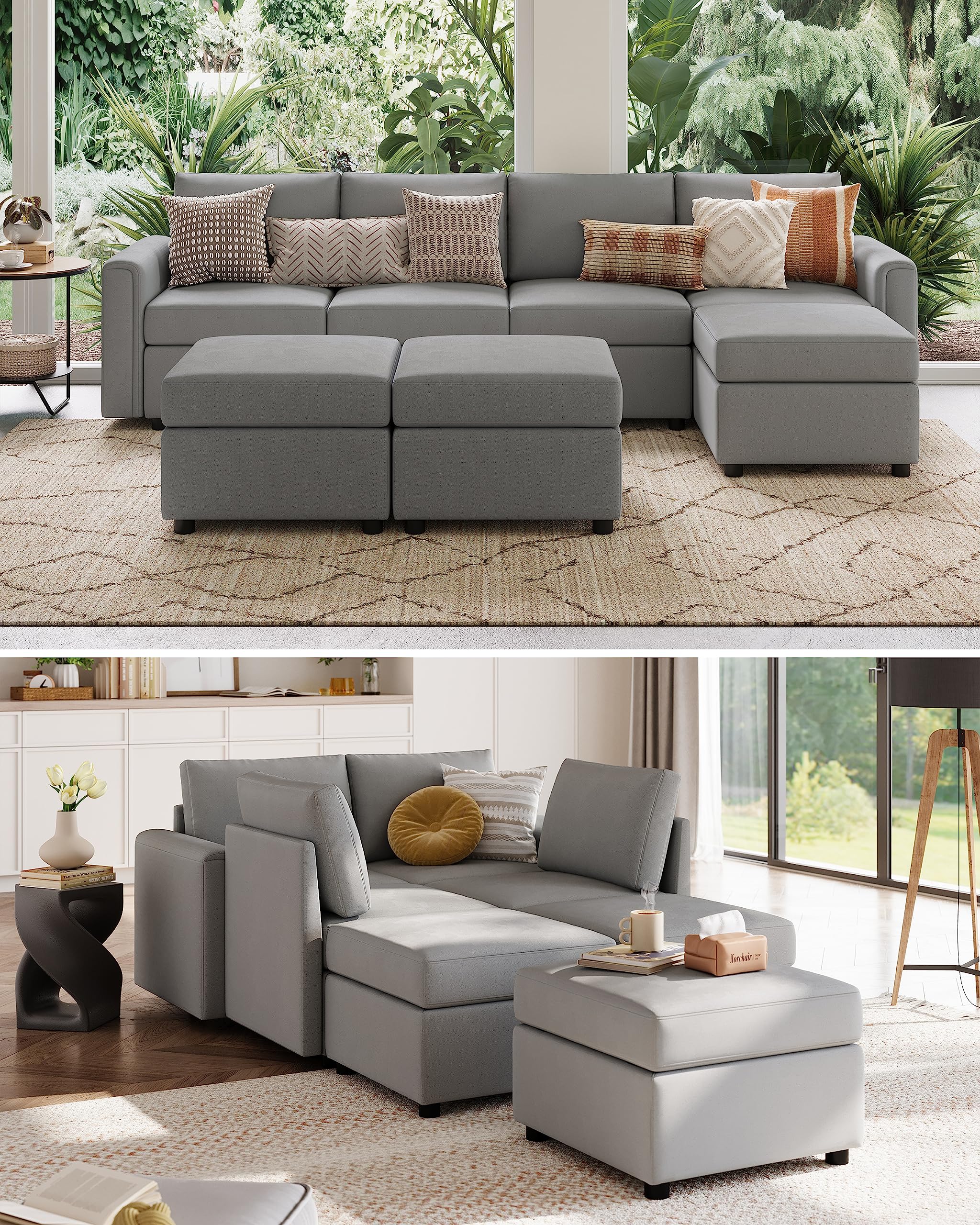 LINSY Home Modular Sectional Sofa, Convertible U Shaped Sofa Couch with Storage, Memory Foam, Modular Sectionals with Ottomans, 7 Seat Oversized Sofa Couch with Chaise for Living Room, Grey