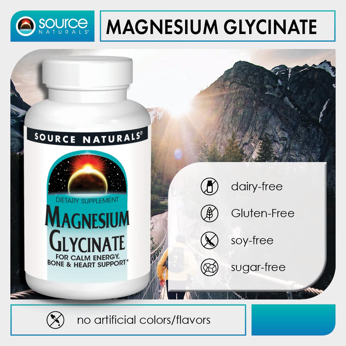 Source Naturals Magnesium Glycinate, for Calm Energy, Bone & Heart Support*, 200 mg per Serving - 120 Tablets
