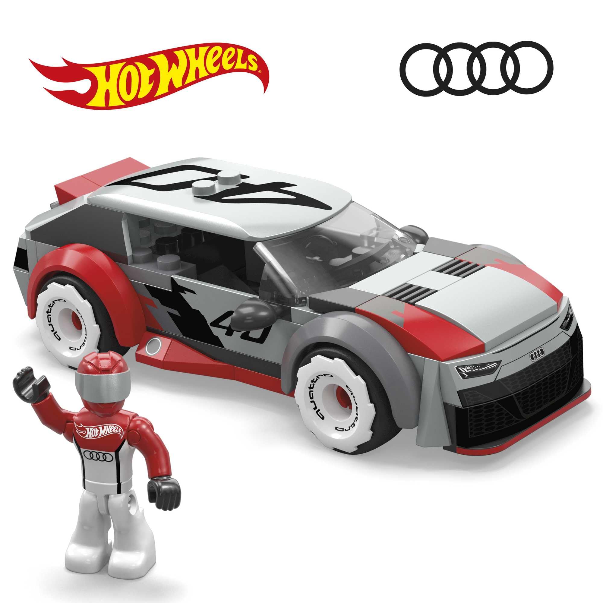 MEGA Hot Wheels Building Toy Race Car Playset, Audi RS 6 GTO Concept with 77 Pieces, 1 Micro Action Figure Driver, Grey, Kids Age 5+ Years