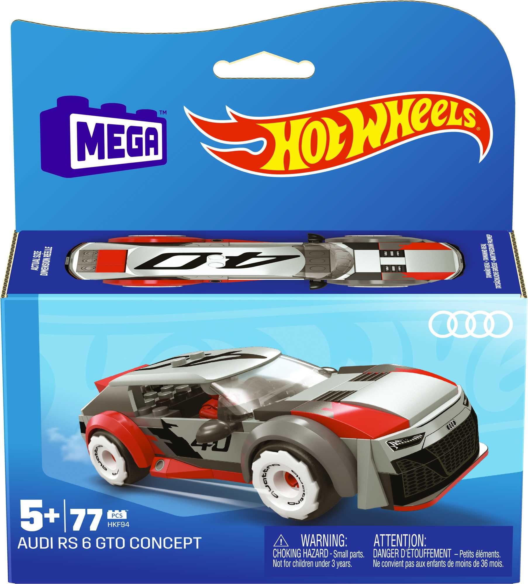 MEGA Hot Wheels Building Toy Race Car Playset, Audi RS 6 GTO Concept with 77 Pieces, 1 Micro Action Figure Driver, Grey, Kids Age 5+ Years