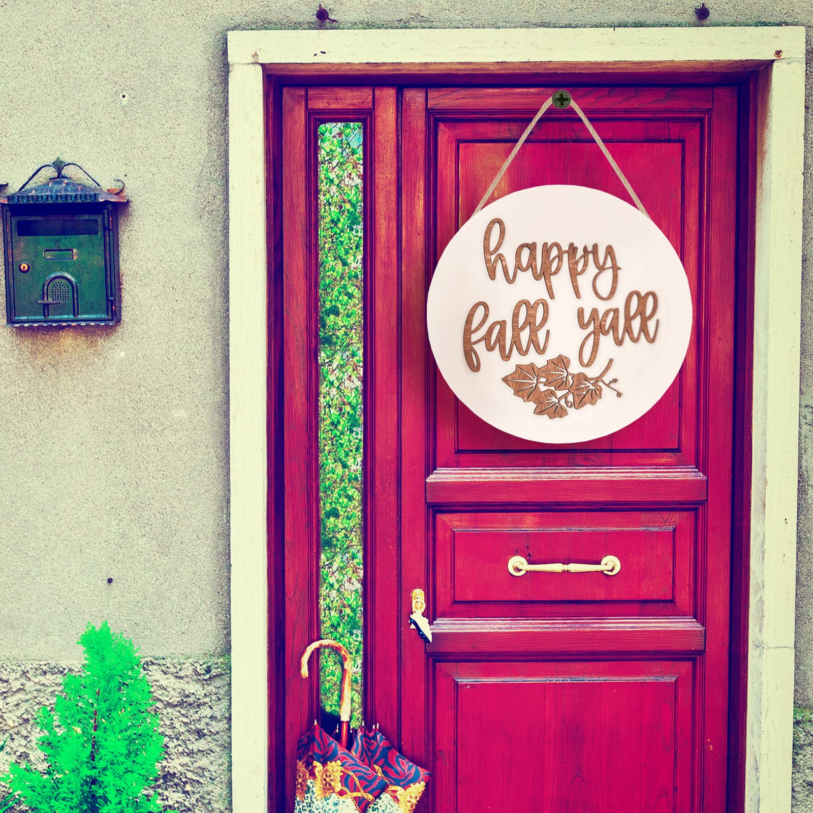 Hello Fall Wood Sign Thanksgiving Decorations Happy Fall Yall Welcome Sign for Front Door Round Wood Sign Hanging Welcome Sign for Farmhouse Porch Rustic Home Sign Decorations (Maple Leaf)
