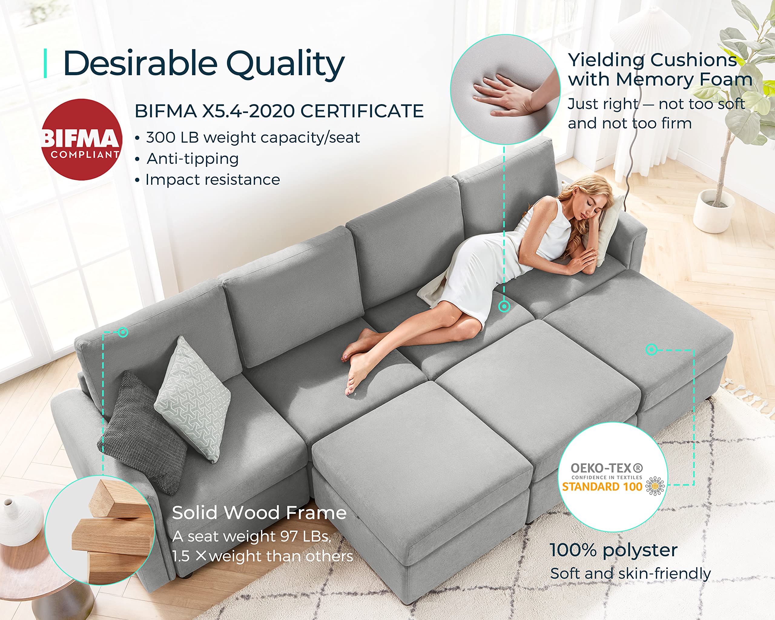 LINSY Home Modular Sectional Sofa, Convertible U Shaped Sofa Couch with Storage, Memory Foam, Modular Sectionals with Ottomans, 7 Seat Oversized Sofa Couch with Chaise for Living Room, Grey
