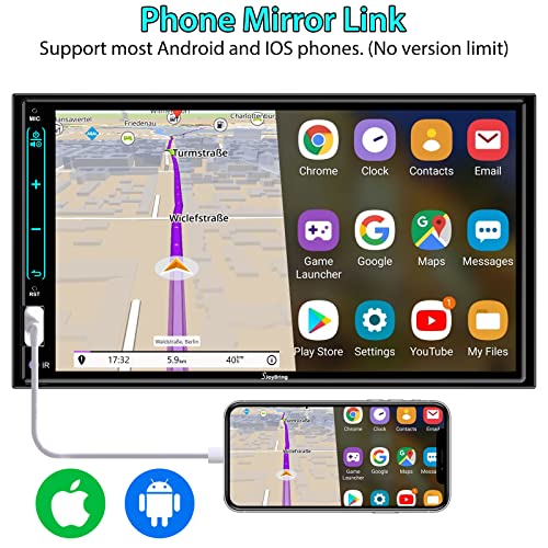 Double Din Car Stereo with HD IPS Screen, Carplay, Android Auto, Bluetooth, Mirror Link, AHD Backup Camera, Steering Wheel Controls, Subwoofer, AM/FM, 7" Car Radio Receiver