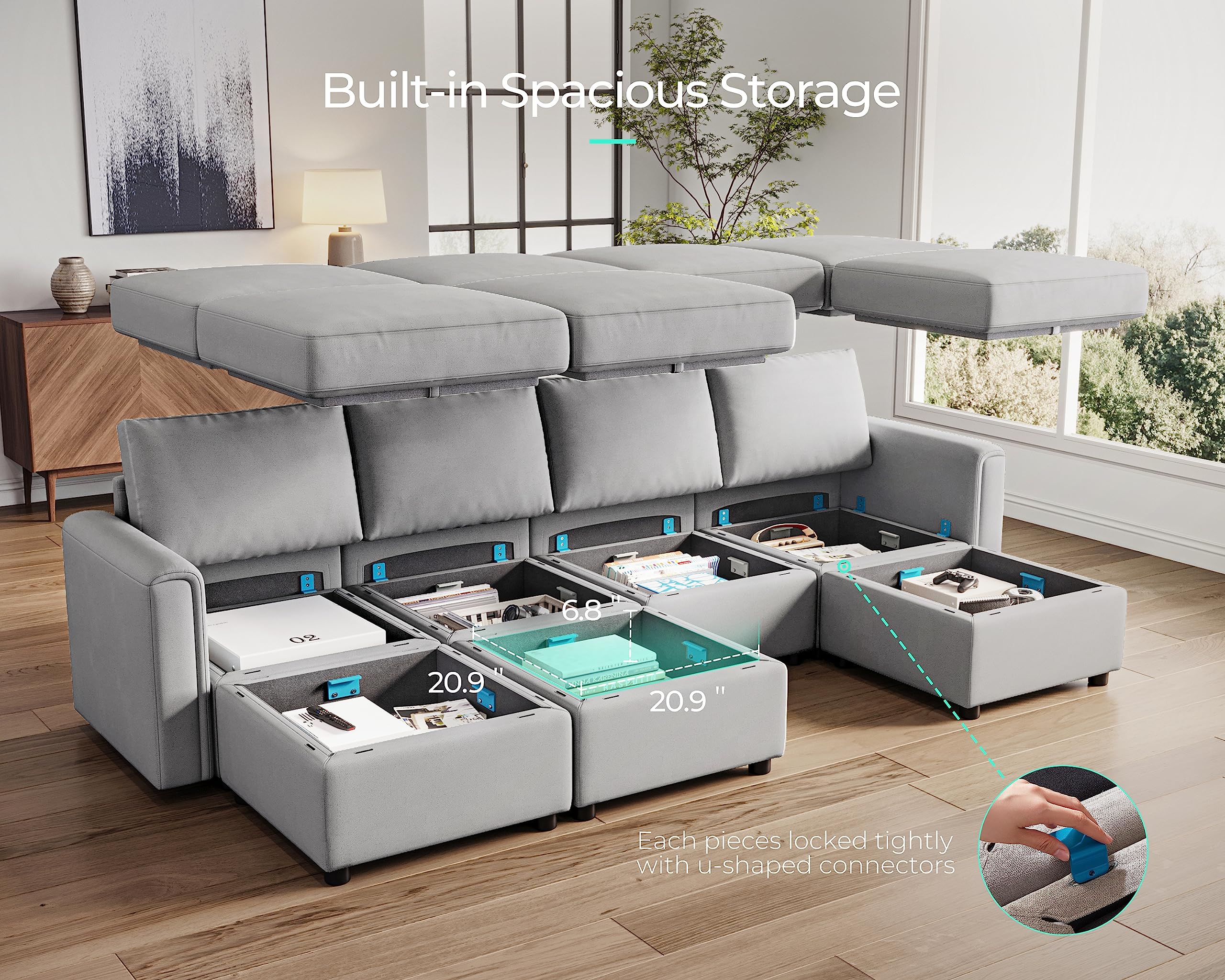 LINSY Home Modular Sectional Sofa, Convertible U Shaped Sofa Couch with Storage, Memory Foam, Modular Sectionals with Ottomans, 7 Seat Oversized Sofa Couch with Chaise for Living Room, Grey