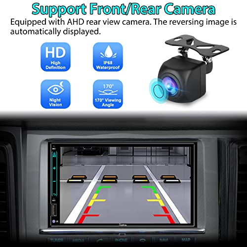 Double Din Car Stereo with HD IPS Screen, Carplay, Android Auto, Bluetooth, Mirror Link, AHD Backup Camera, Steering Wheel Controls, Subwoofer, AM/FM, 7" Car Radio Receiver