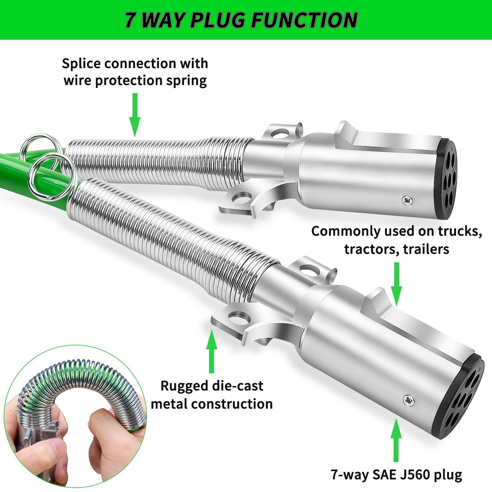Voilamart 7 Way Trailer Cord Cable 15 Ft Green ABS Straight Trailer Electrical Power Cord Plug for Semi Trucks Trailer Tractors