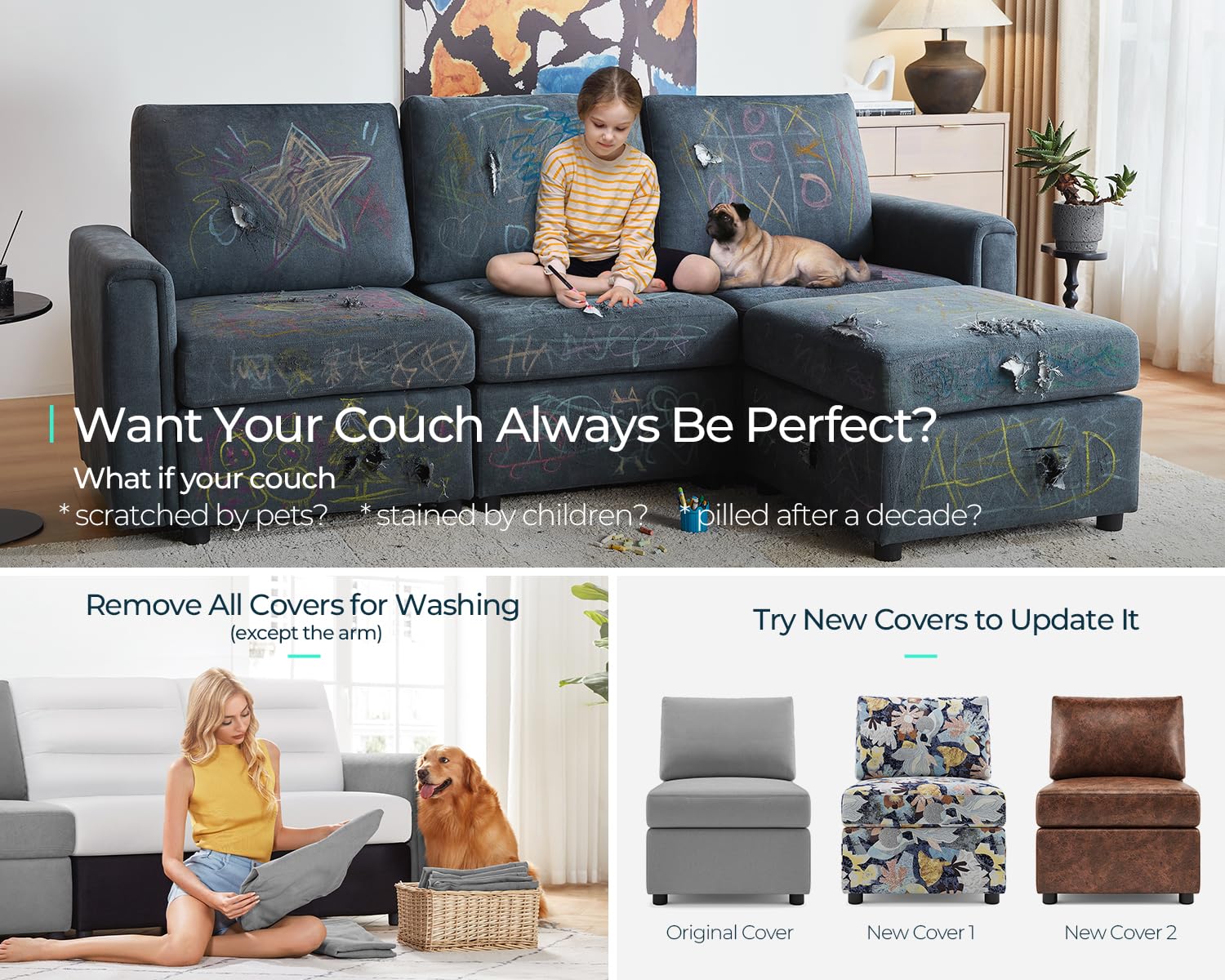 LINSY Home Modular Sectional Sofa, Convertible U Shaped Sofa Couch with Storage, Memory Foam, Modular Sectionals with Ottomans, 7 Seat Oversized Sofa Couch with Chaise for Living Room, Grey