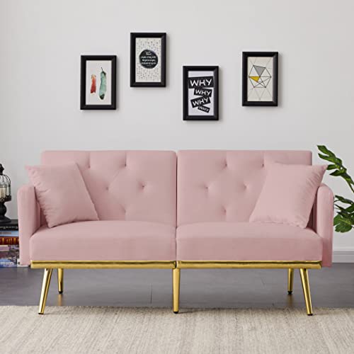 Antetek Convertible Futon Sofa Bed, 59-inch Modern Velvet Sleeper Sofa Small Loveseat with Two Pillows, 3 Adjustable Positions and 6 Golden Metal Legs Furniture for Living Room and Bedroom, Pink