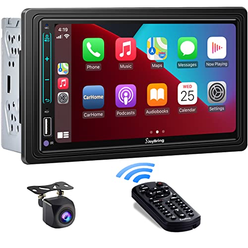 Double Din Car Stereo with HD IPS Screen, Carplay, Android Auto, Bluetooth, Mirror Link, AHD Backup Camera, Steering Wheel Controls, Subwoofer, AM/FM, 7" Car Radio Receiver
