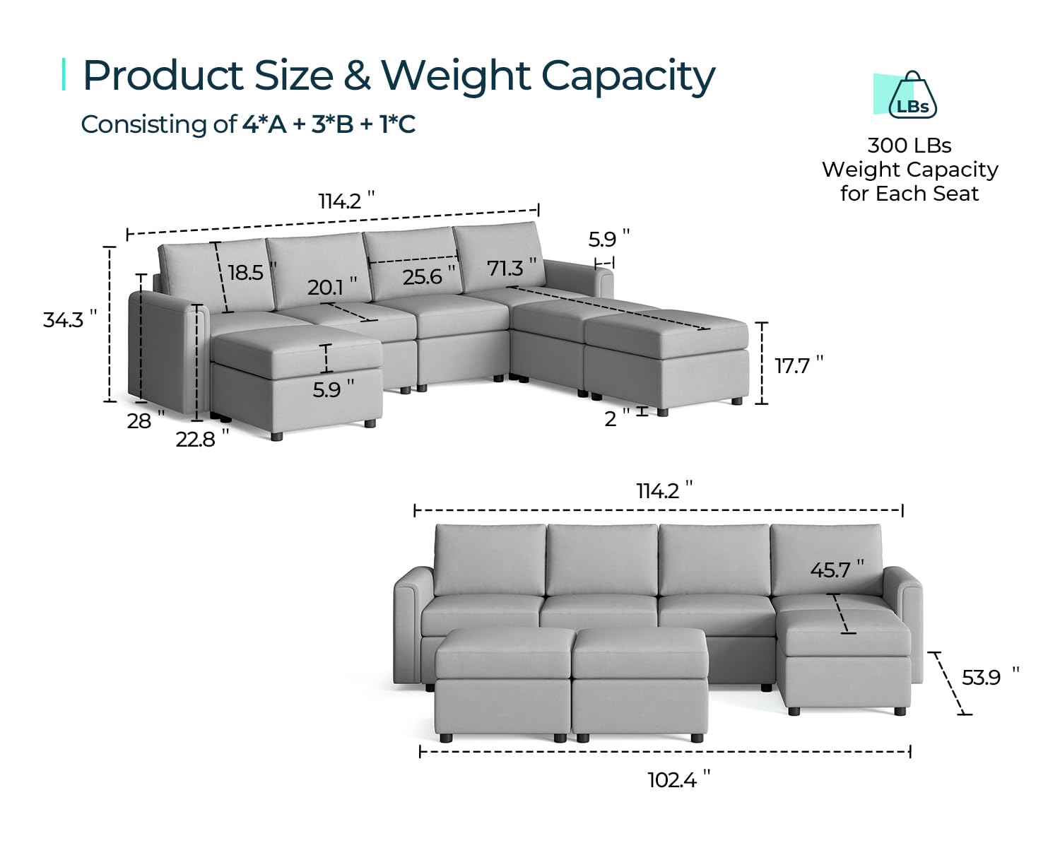 LINSY Home Modular Sectional Sofa, Convertible U Shaped Sofa Couch with Storage, Memory Foam, Modular Sectionals with Ottomans, 7 Seat Oversized Sofa Couch with Chaise for Living Room, Grey