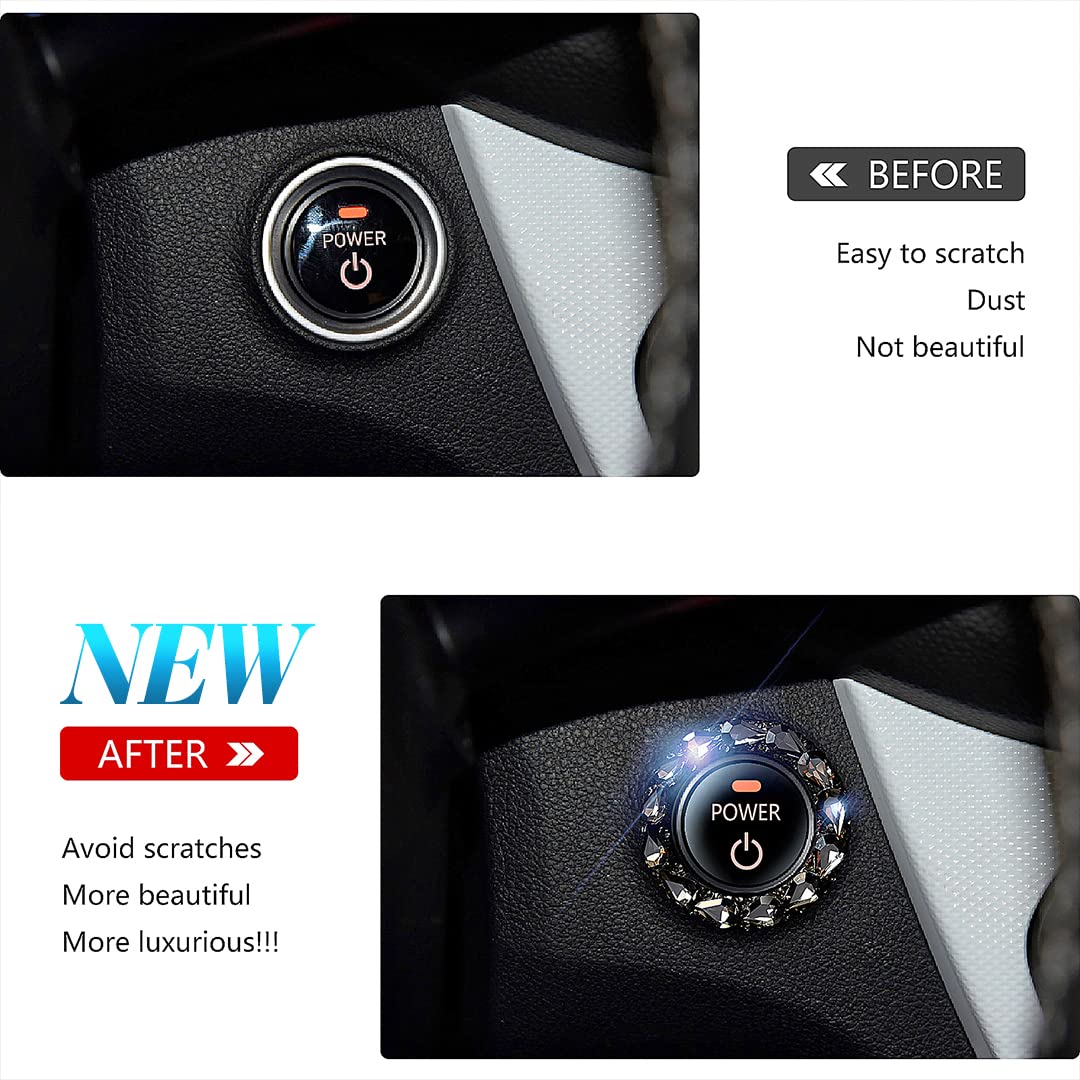 Murimt 2 Pack Crystal Rhinestone Bling Car Push Start Button Accessories,Girly Car Accessories for Women,Push to Start Button Cover/Sticker, Key Ignition & Knob Ring (Black)