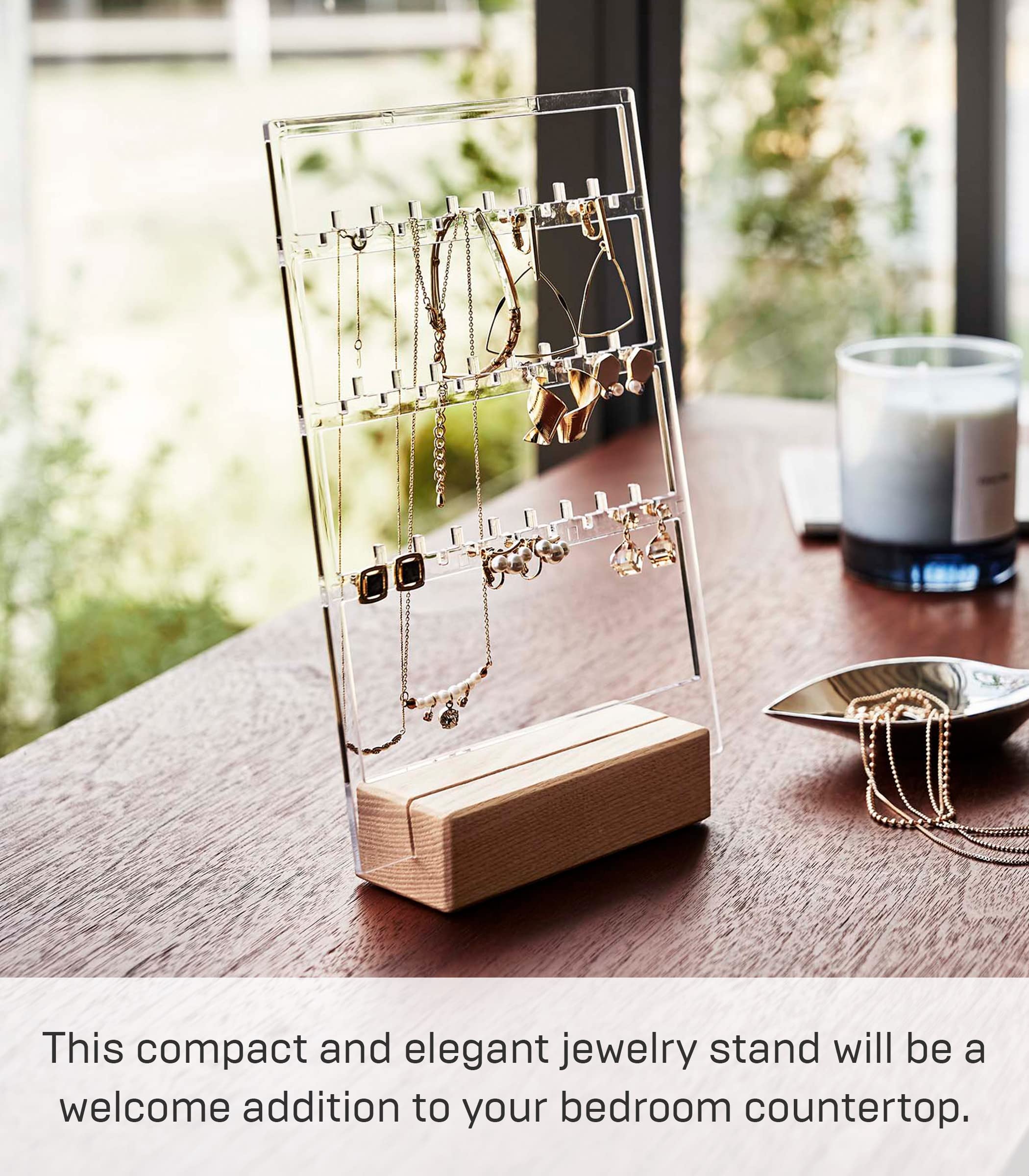 Yamazaki Home Rin Jewelry Organizer Stand Earring Necklace Bracelet Standing Display Holder Storage, Natural Wood Box - Abs Plastic