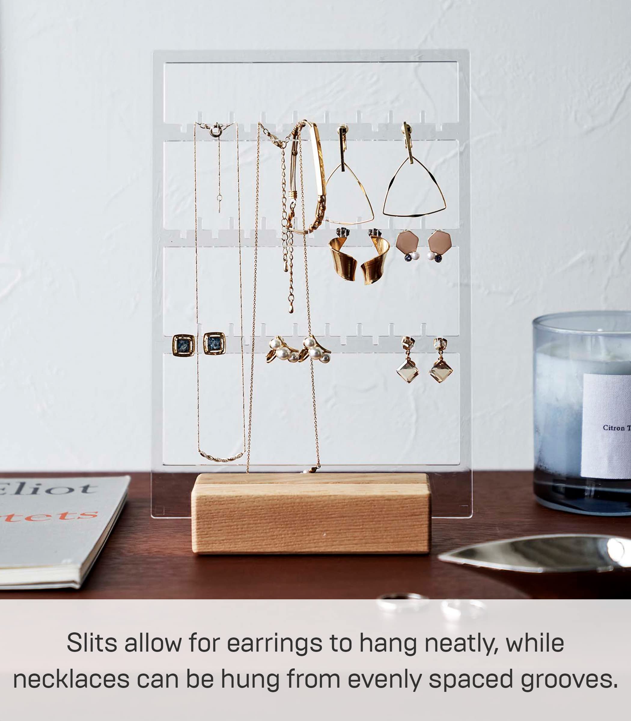 Yamazaki Home Rin Jewelry Organizer Stand Earring Necklace Bracelet Standing Display Holder Storage, Natural Wood Box - Abs Plastic