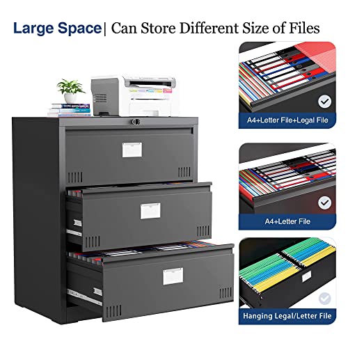 kingwolfox 3 Drawer Lateral File Cabinet with Lock, Locking lateral Filing Cabinet for Office Metal Steel File Drawers Cabinet, Lockable Horizontal File Cabinet for Hanging Legal.