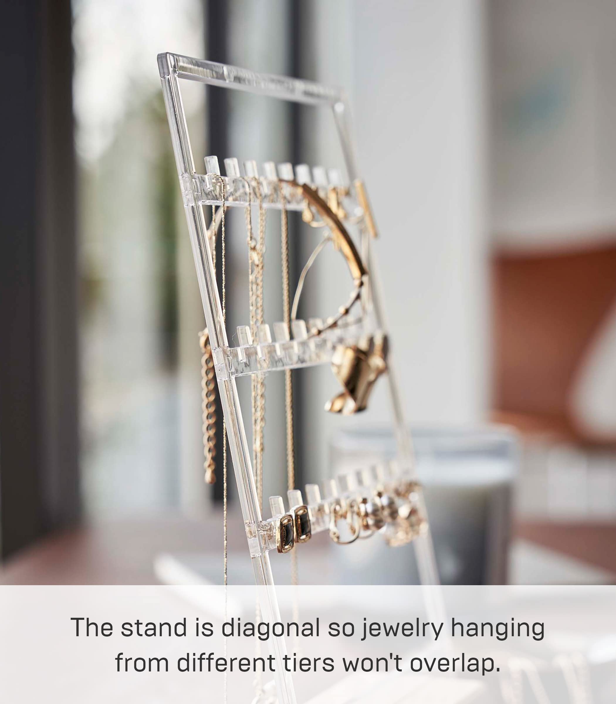 Yamazaki Home Rin Jewelry Organizer Stand Earring Necklace Bracelet Standing Display Holder Storage, Natural Wood Box - Abs Plastic