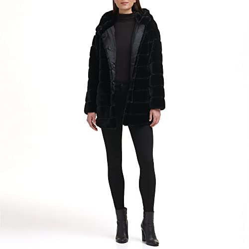 Kenneth Cole Women's Classic Style Faux Fur Coat, Hooded Mink Black, Large