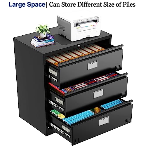 kingwolfox 3 Drawer Lateral File Cabinet with Lock, Locking lateral Filing Cabinet for Office Metal Steel File Drawers Cabinet, Lockable Horizontal File Cabinet for Hanging Legal.