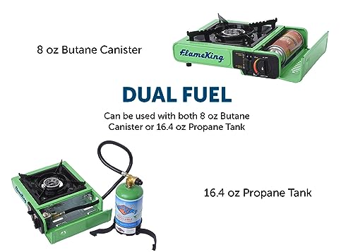 Flame King YSNVT-505 Dual Fuel Butane & Propane Gas Camping Stove with Single Burner, Portable and Great for Outdoor Cooking, Backpacking 8.5"X8.5" grid