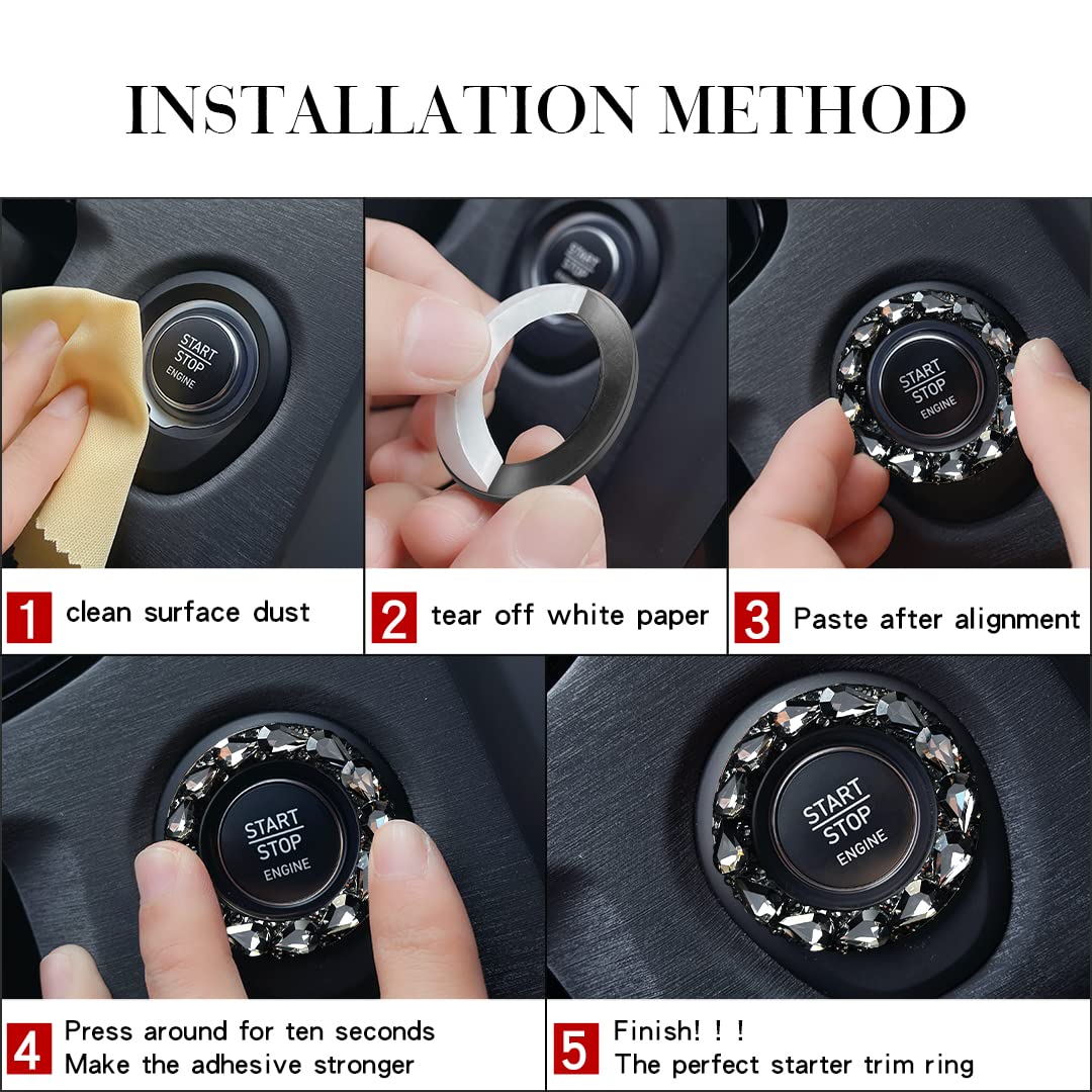 Murimt 2 Pack Crystal Rhinestone Bling Car Push Start Button Accessories,Girly Car Accessories for Women,Push to Start Button Cover/Sticker, Key Ignition & Knob Ring (Black)