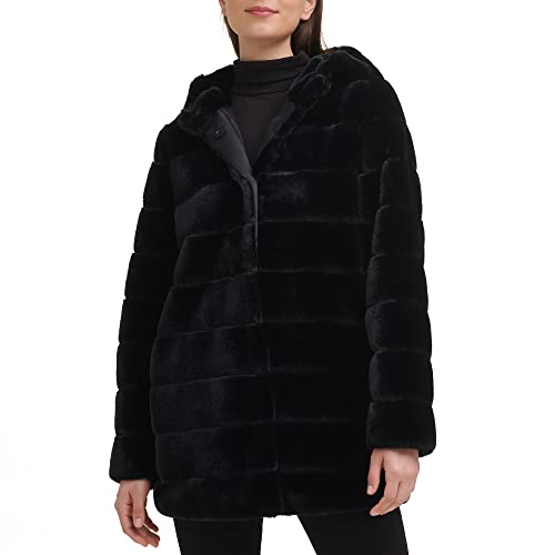 Kenneth Cole Women's Classic Style Faux Fur Coat, Hooded Mink Black, Large