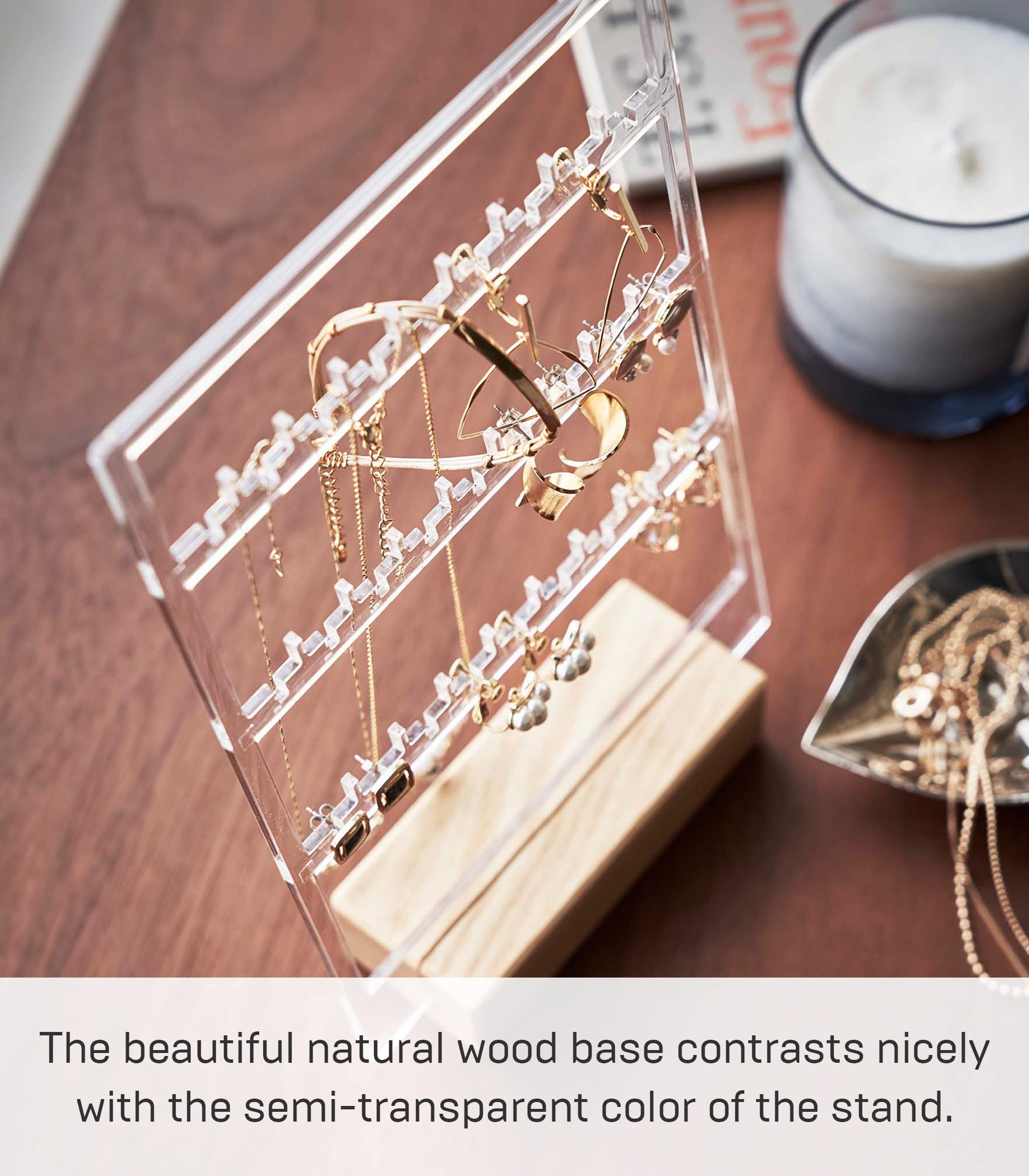 Yamazaki Home Rin Jewelry Organizer Stand Earring Necklace Bracelet Standing Display Holder Storage, Natural Wood Box - Abs Plastic