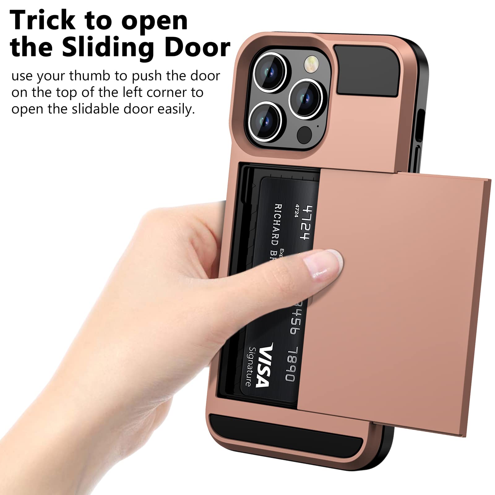 Vofolen for iPhone 14 Pro Max Case Wallet Credit Card Holder ID Slot Sliding Door Hidden Pocket Women Anti-Scratch Dual Layer Hybrid Bumper Armor Protective Shell Cover 6.7 inch Rose Gold