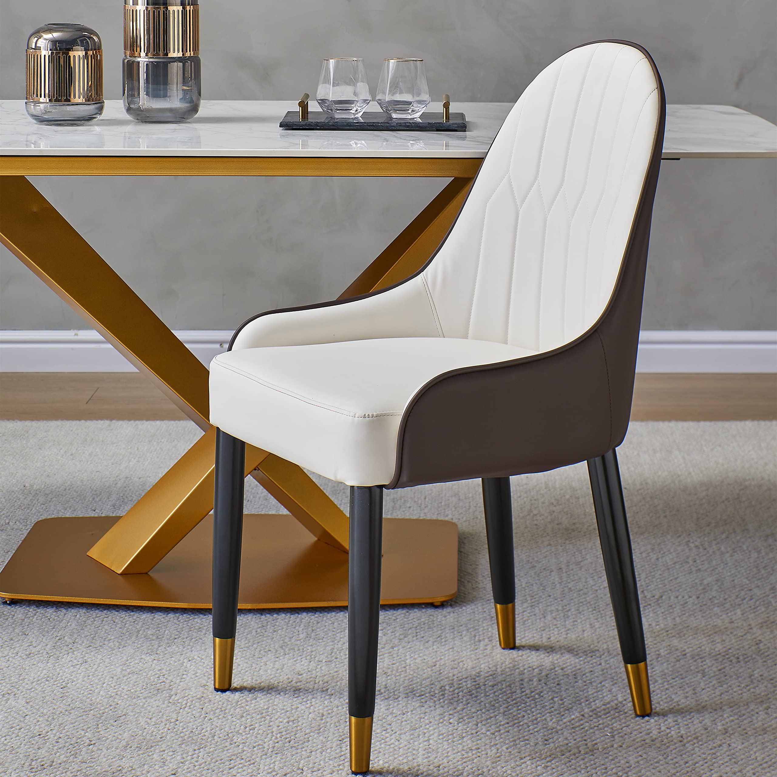 HomSof Dining Chair with PU Leather Solid Wood Metal Legs (Set of 2), 2 Pieces, White+Gold+Brown
