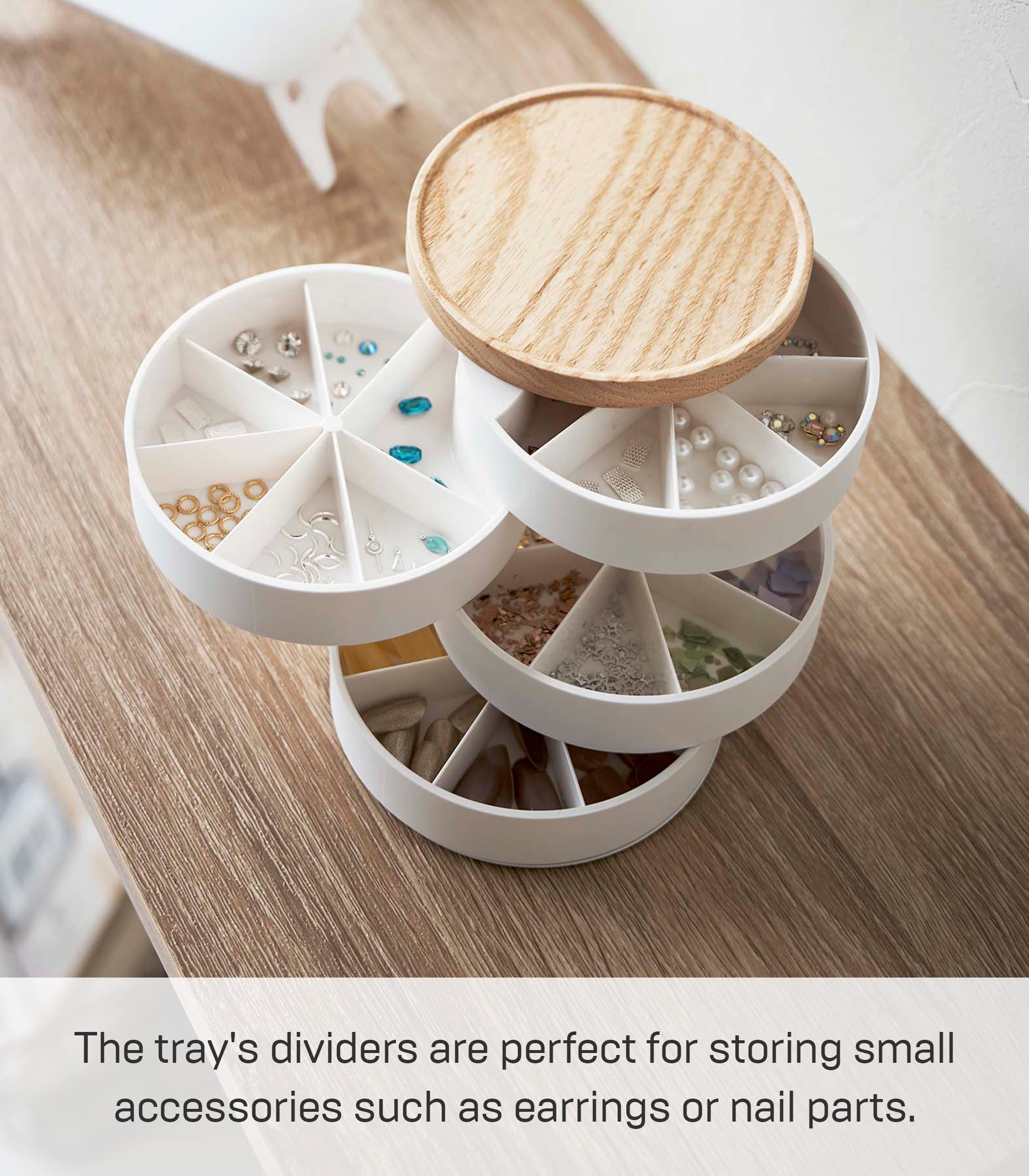 Yamazaki Home Tosca Sectioned Jewelry Organizer Nail Art Supplies Earring Accessories Storage Holder Rotating Display with Removable Trays - Sectioned - Plastic + Wood