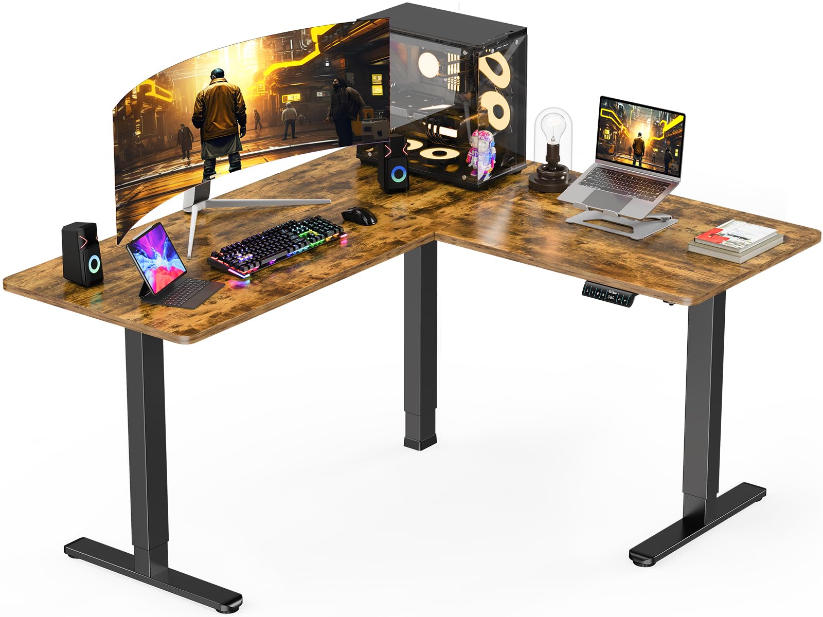 ErGear 63" x 55" Dual Motor L Shaped Standing Desk, Electric Height Adjustable, Extra Large Desktop, Interchangeable Installation of Left and Right Desktops, Suitable for Home Office, Vintage Brown