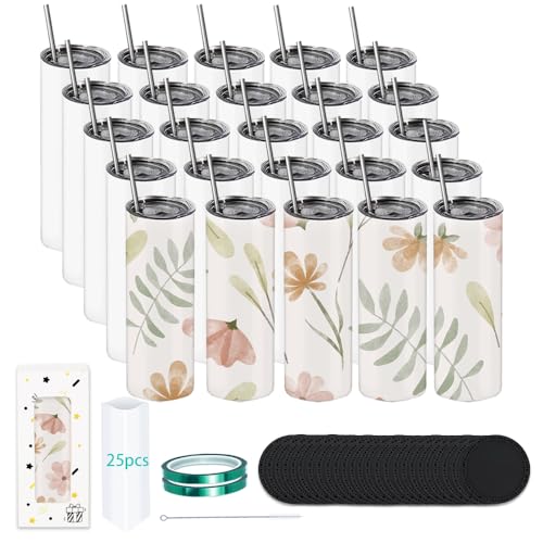 25 Pack 20 oz Sublimation Tumblers,Straight Skinny Stainless Steel Double Wall Insulated Cups for Heat Transfer with Silicone Band, Heat Resistant Tape,Shrink Wrap Films and Individually Boxed