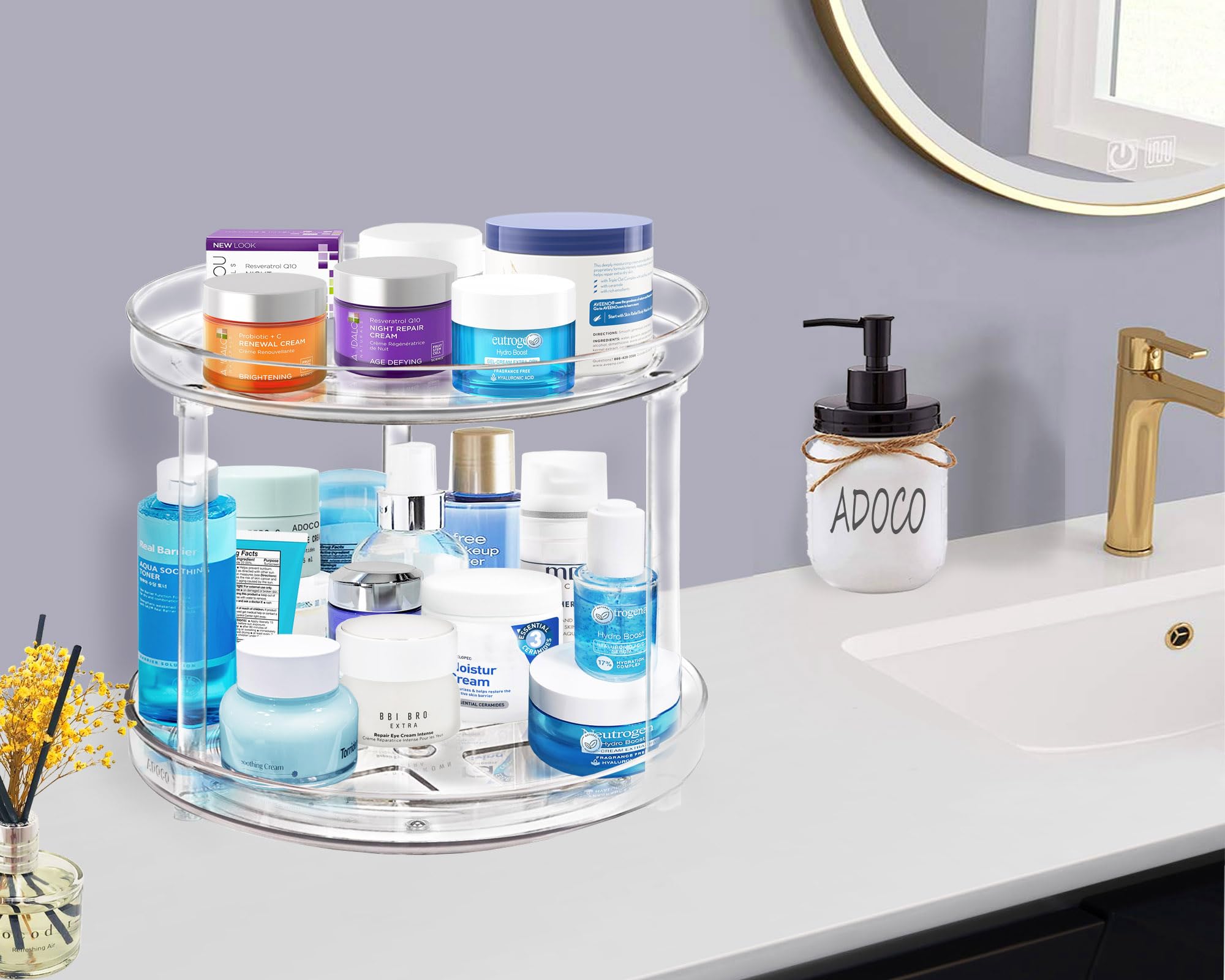 2 Tier Lazy Susan, 10.6 Inch Clear Makeup & Skincare Organizer, Bathroom Countertop Perfume Organizer