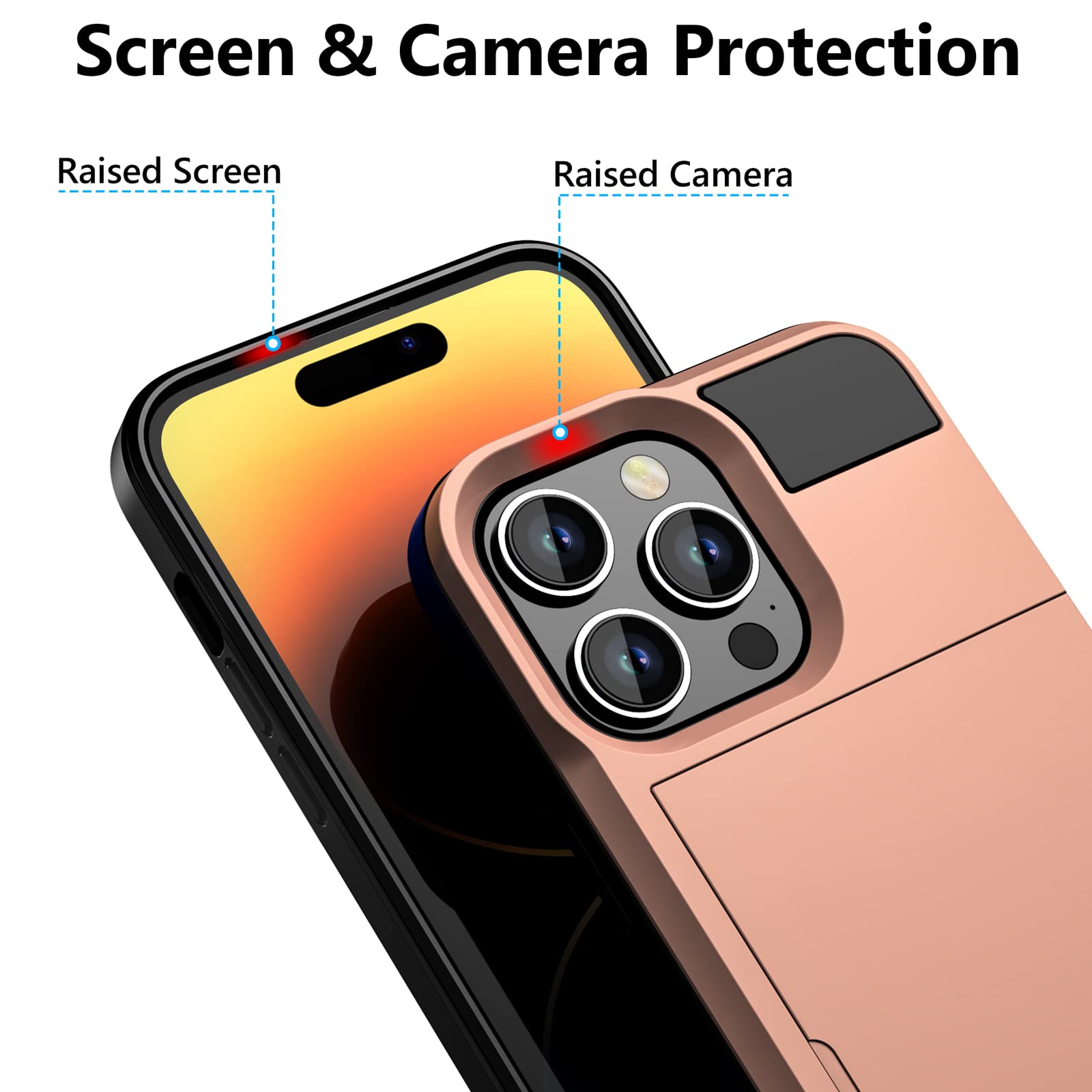 Vofolen for iPhone 14 Pro Max Case Wallet Credit Card Holder ID Slot Sliding Door Hidden Pocket Women Anti-Scratch Dual Layer Hybrid Bumper Armor Protective Shell Cover 6.7 inch Rose Gold