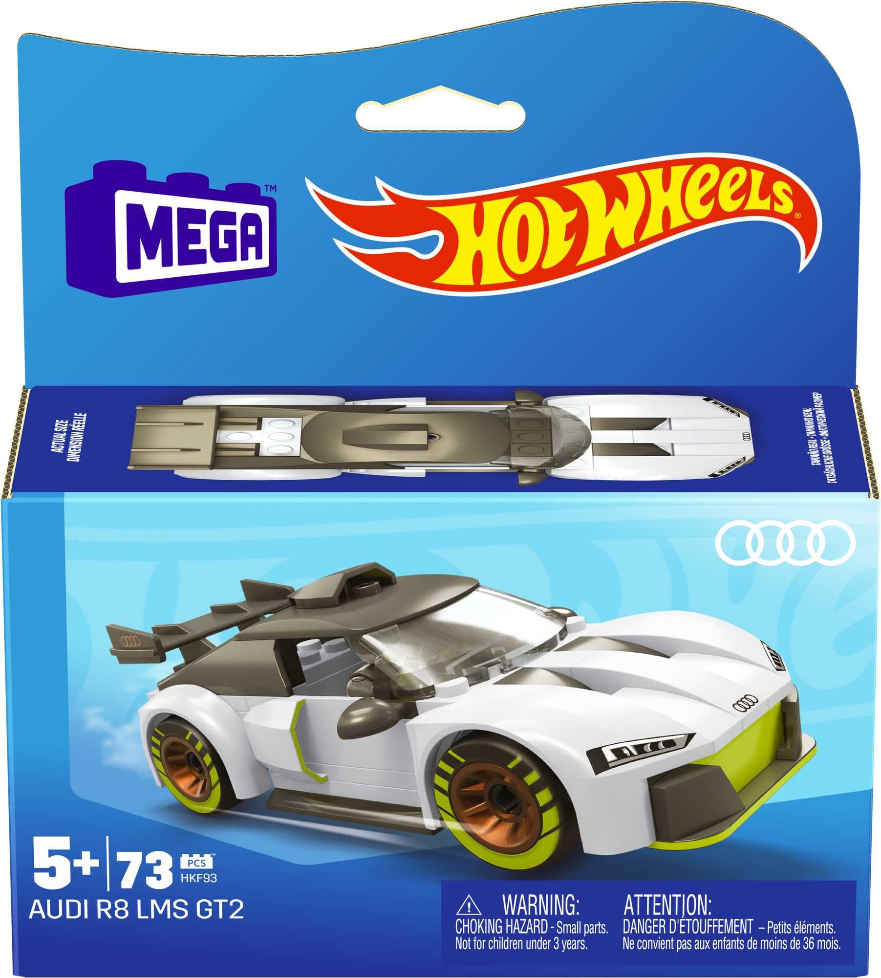 MEGA Hot Wheels Building Toy Race Car Playset, Audi R8 LMS GT2 with 73 Pieces, 1 Micro Action Figure Driver, White, Gift Ideas for Kids Age 5+ Years