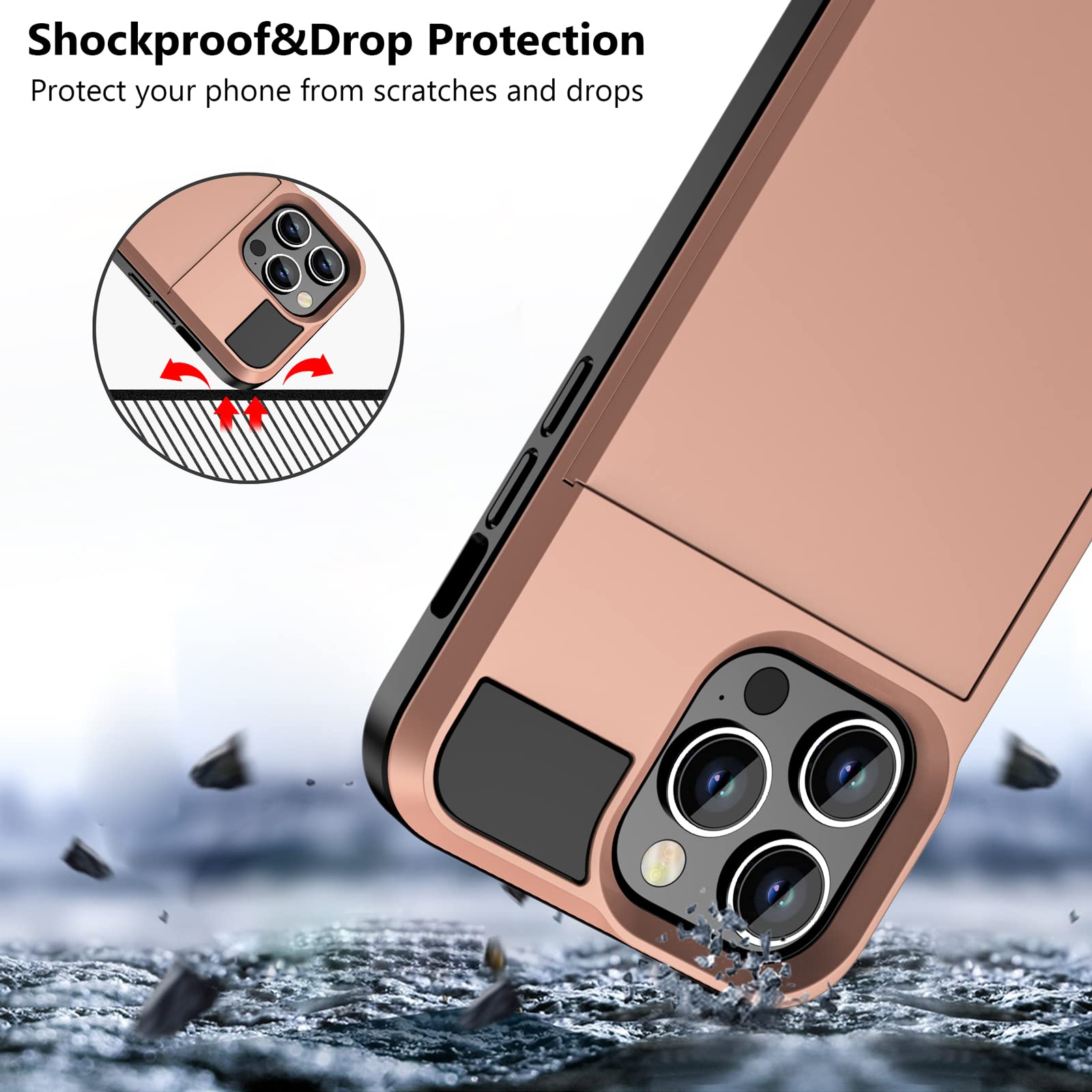 Vofolen for iPhone 14 Pro Max Case Wallet Credit Card Holder ID Slot Sliding Door Hidden Pocket Women Anti-Scratch Dual Layer Hybrid Bumper Armor Protective Shell Cover 6.7 inch Rose Gold