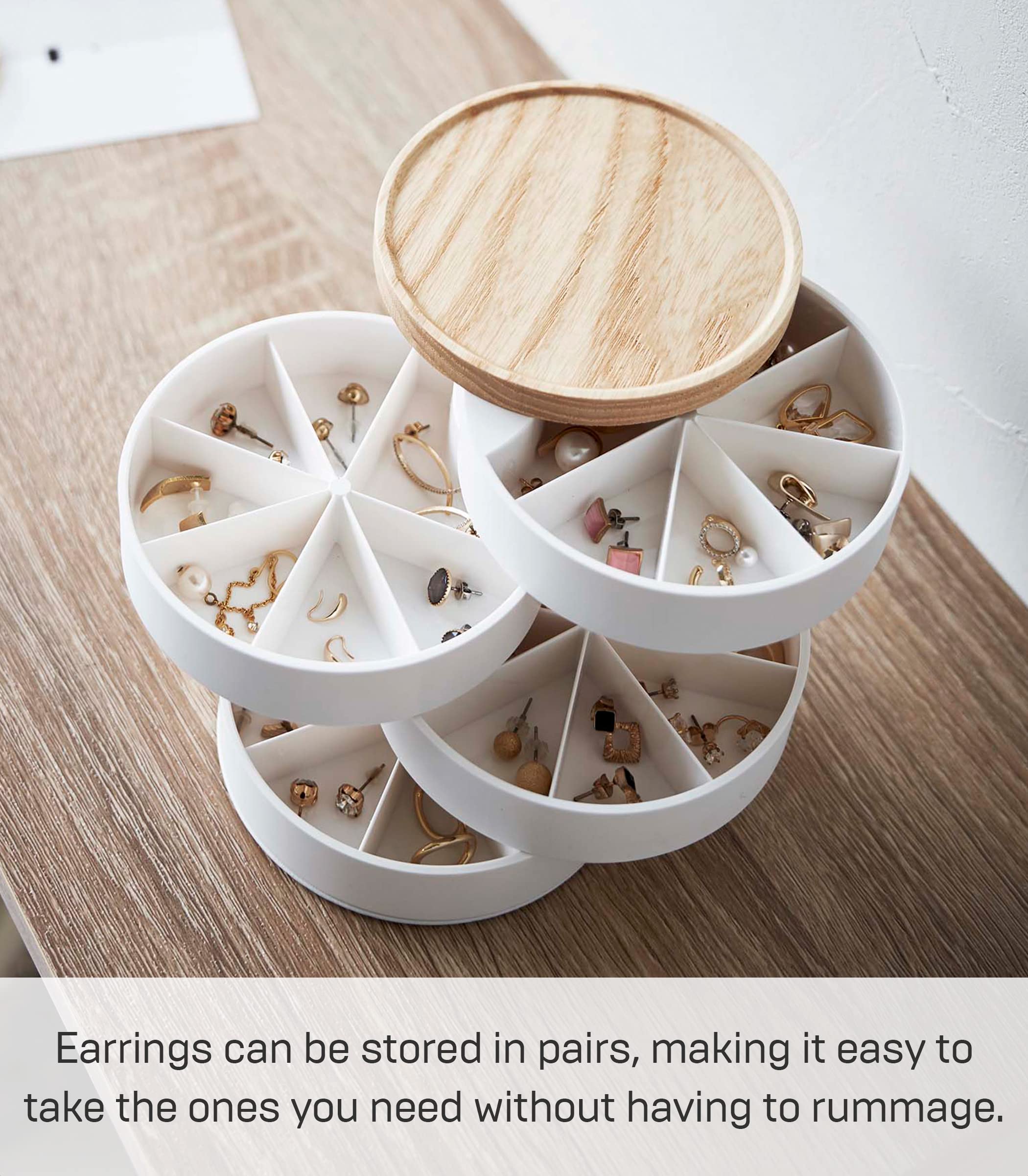 Yamazaki Home Tosca Sectioned Jewelry Organizer Nail Art Supplies Earring Accessories Storage Holder Rotating Display with Removable Trays - Sectioned - Plastic + Wood