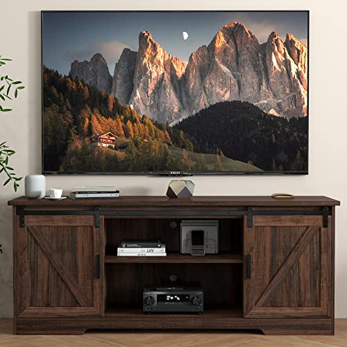 Kasibie Farmhouse 65" TV Stand, Modern TV Stand Brown, Entertainment Center with Storage Cabinet, Sliding Barn Door Media Cabinet (Brown)