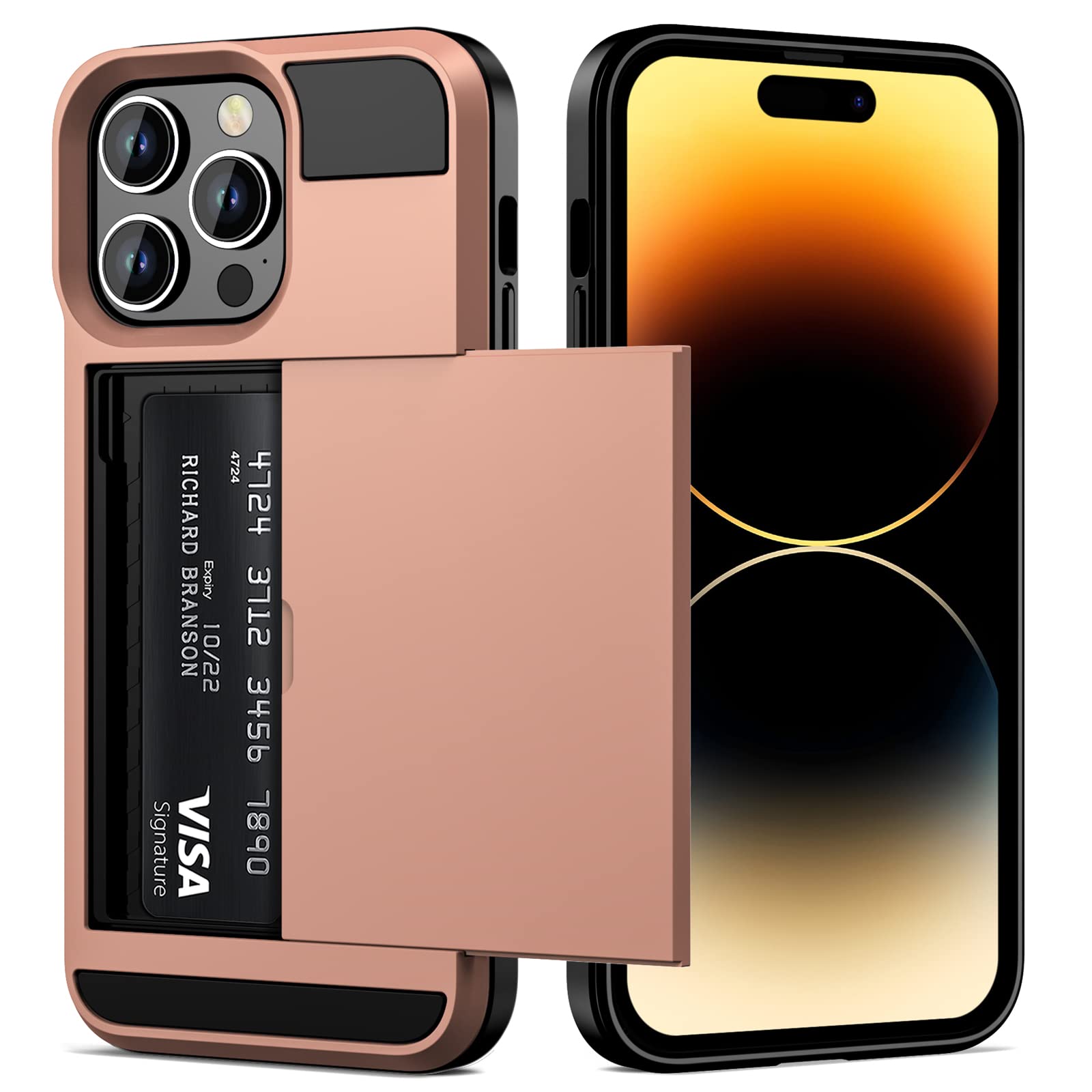 Vofolen for iPhone 14 Pro Max Case Wallet Credit Card Holder ID Slot Sliding Door Hidden Pocket Women Anti-Scratch Dual Layer Hybrid Bumper Armor Protective Shell Cover 6.7 inch Rose Gold