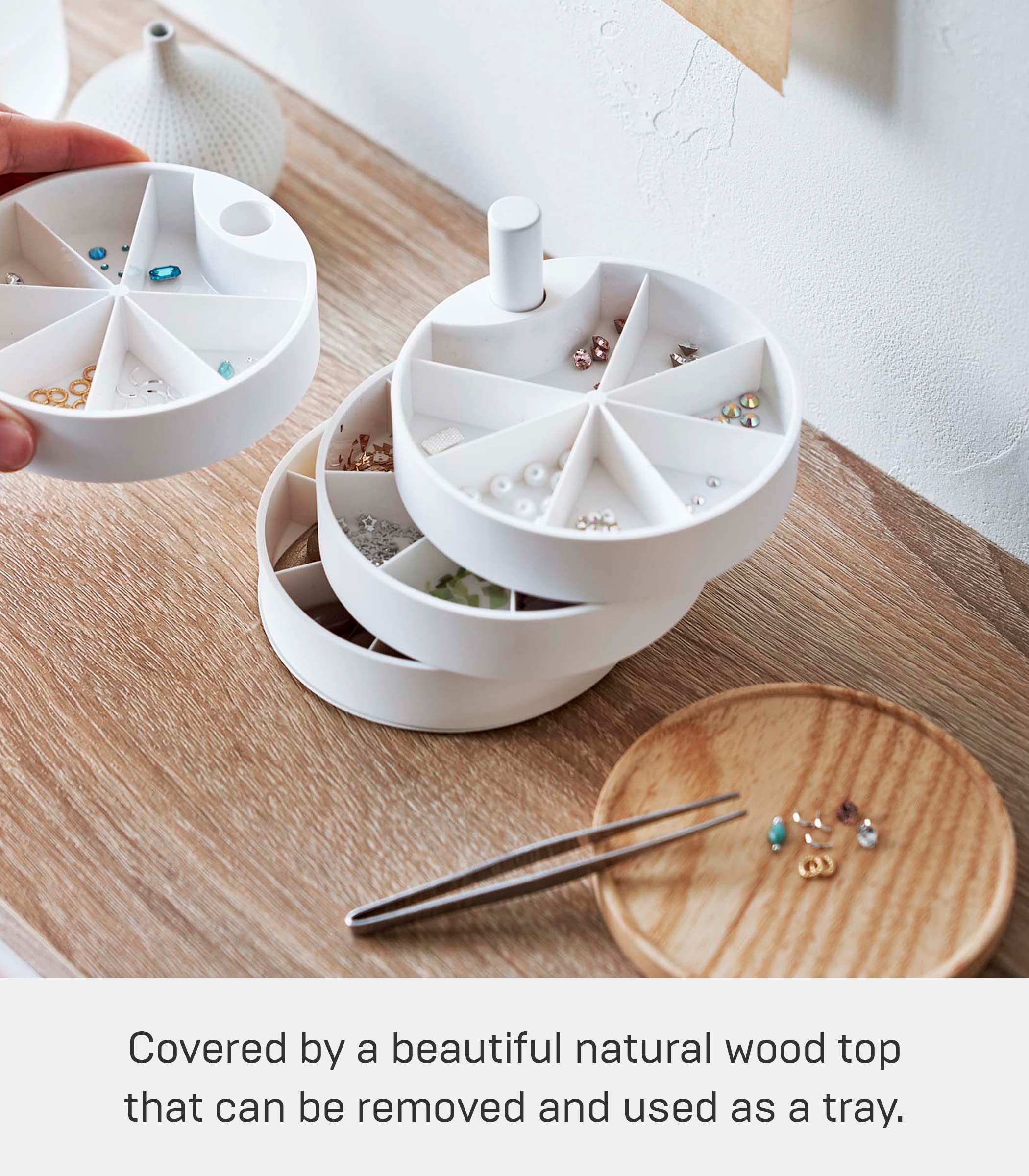 Yamazaki Home Tosca Sectioned Jewelry Organizer Nail Art Supplies Earring Accessories Storage Holder Rotating Display with Removable Trays - Sectioned - Plastic + Wood