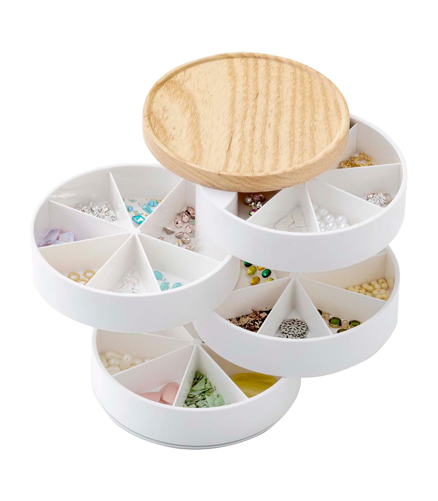 Yamazaki Home Tosca Sectioned Jewelry Organizer Nail Art Supplies Earring Accessories Storage Holder Rotating Display with Removable Trays - Sectioned - Plastic + Wood